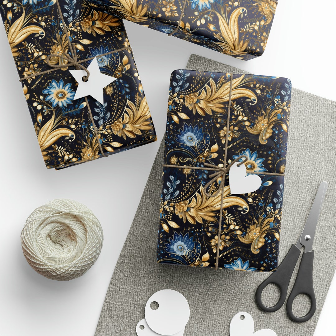 Luxury Paisley Gleam Gift Wrap in Royal Blue and Gold Wrapping Paper ...