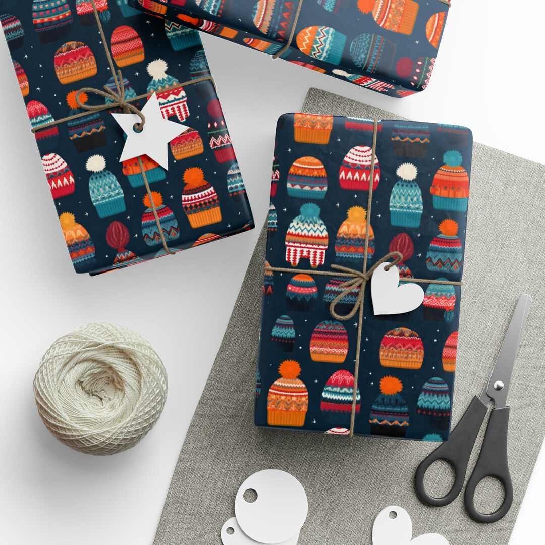 Woolly Wonder Gift Wrapping Paper - Knit Christmas Hats Wrapping Paper ...