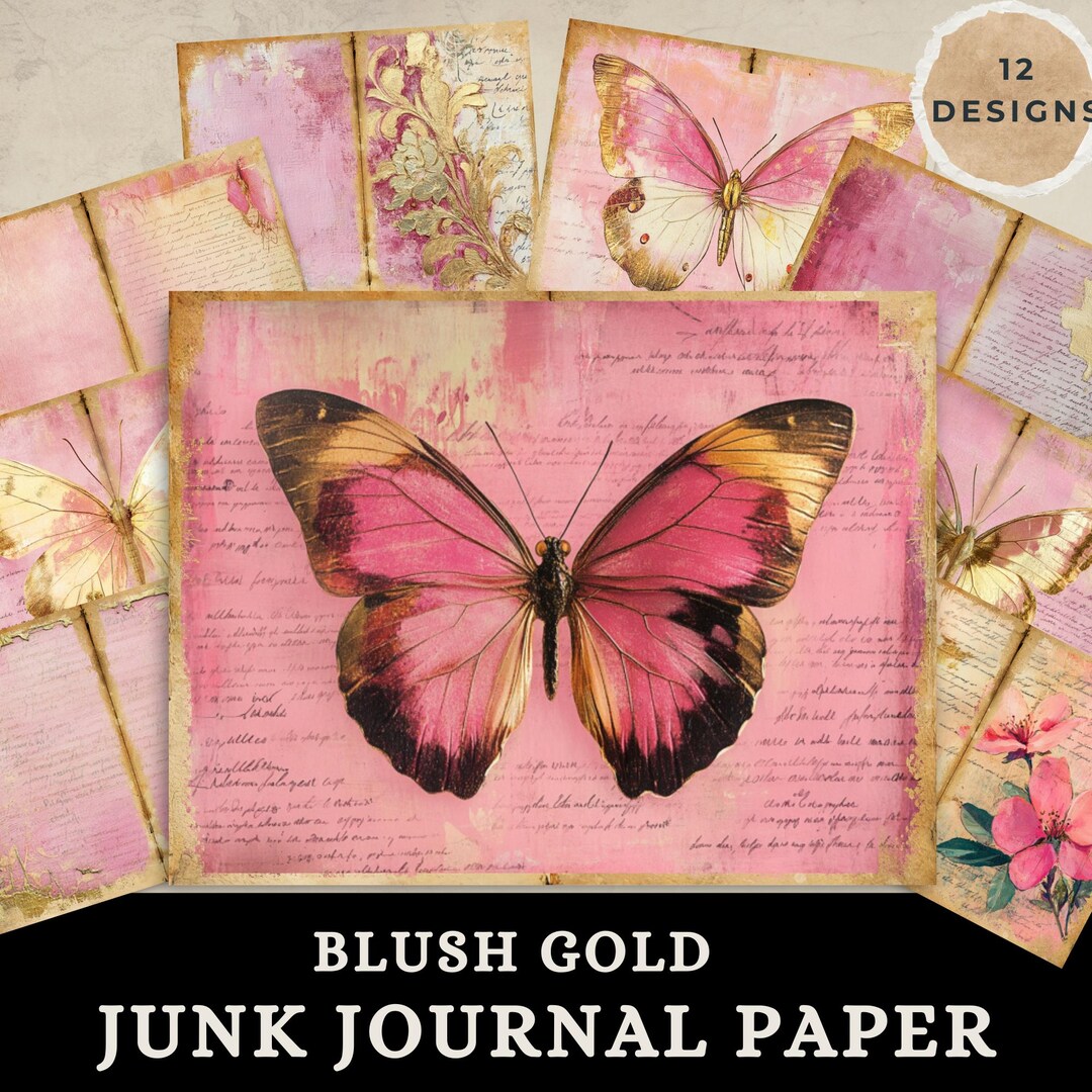 Blush Gold Junk Journal Papers, Pink Gold Journal Paper, Shabby Chic ...