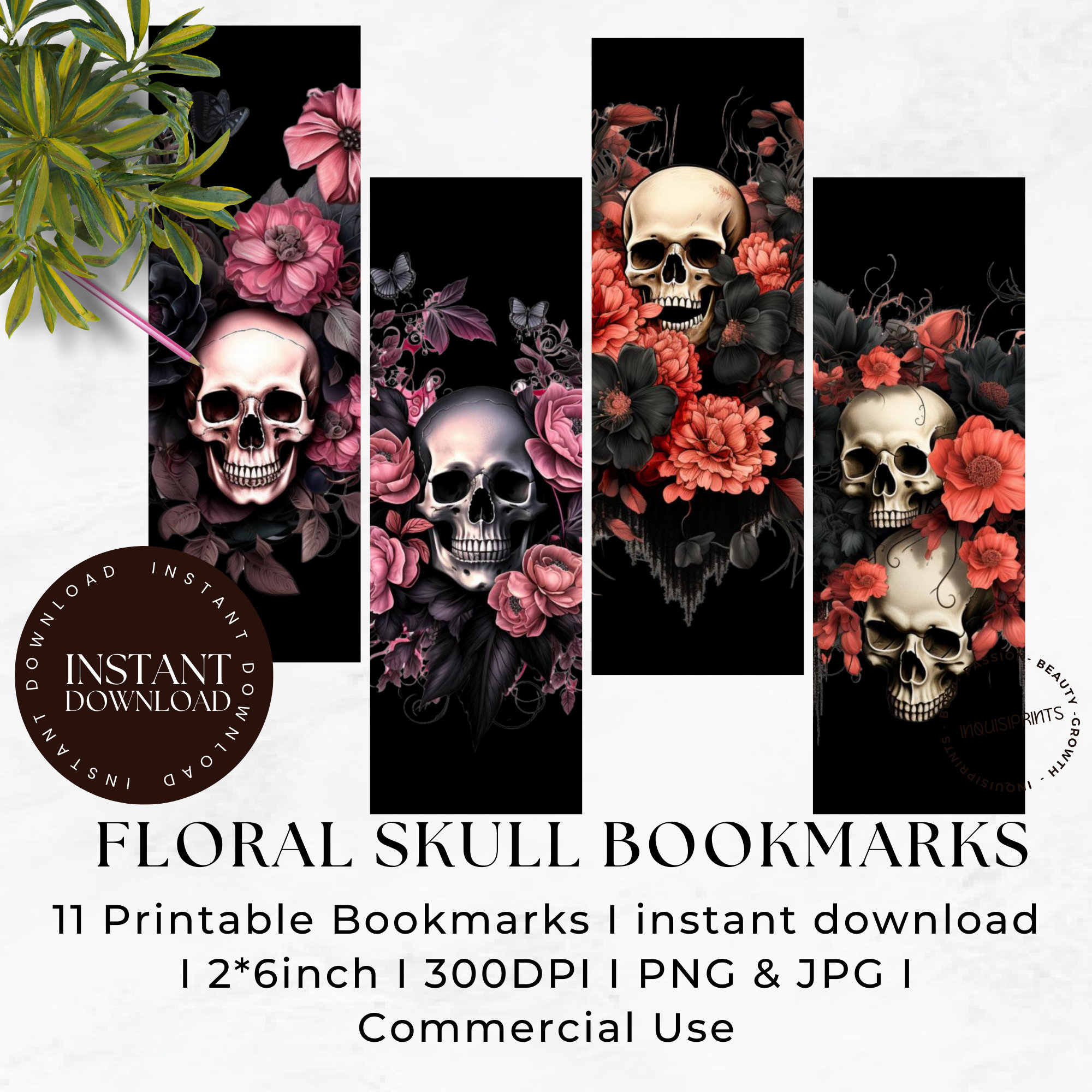 FLORAL Skullhead Bookmarks, Printable Bookmark Sheets, Bookmark ...