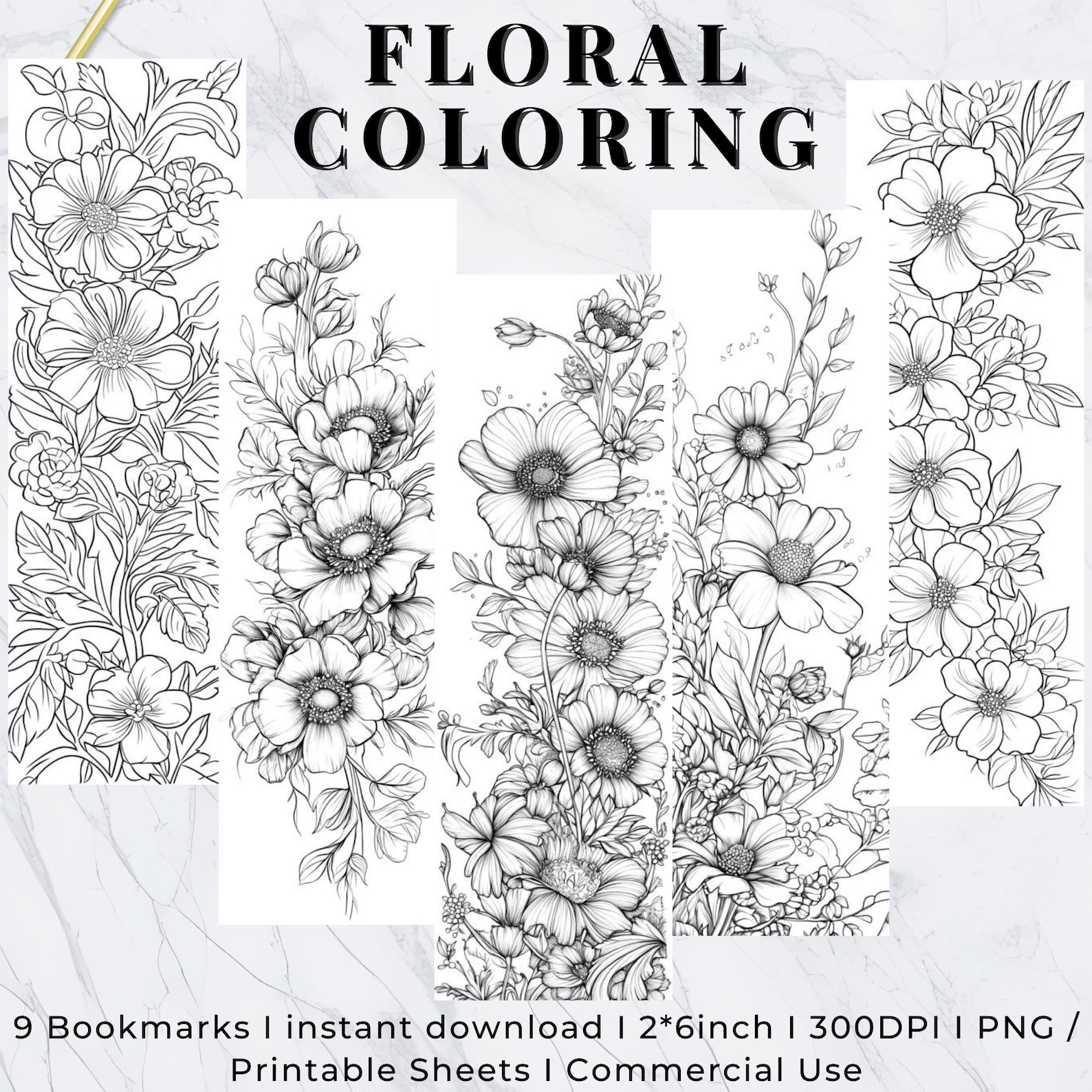 Floral Coloring Bookmarks,colorful Bookmarks, Coloring Bookmark, Kids ...