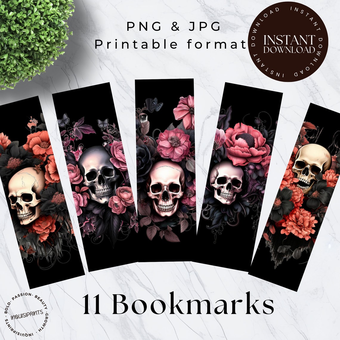 FLORAL Skullhead Bookmarks, Printable Bookmark Sheets, Bookmark ...