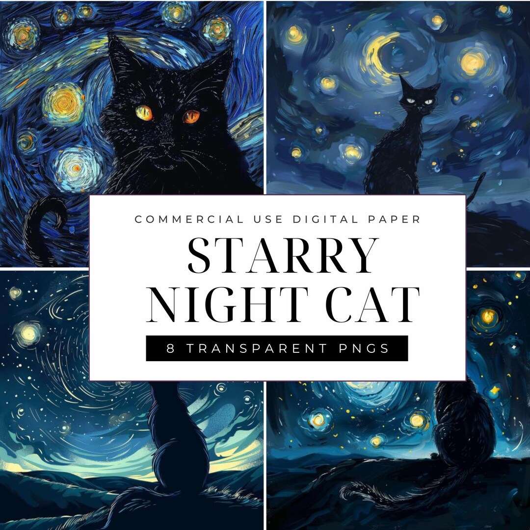 Starry Night Cat Halloween Digital Paper, Dark Night Starry Sky ...