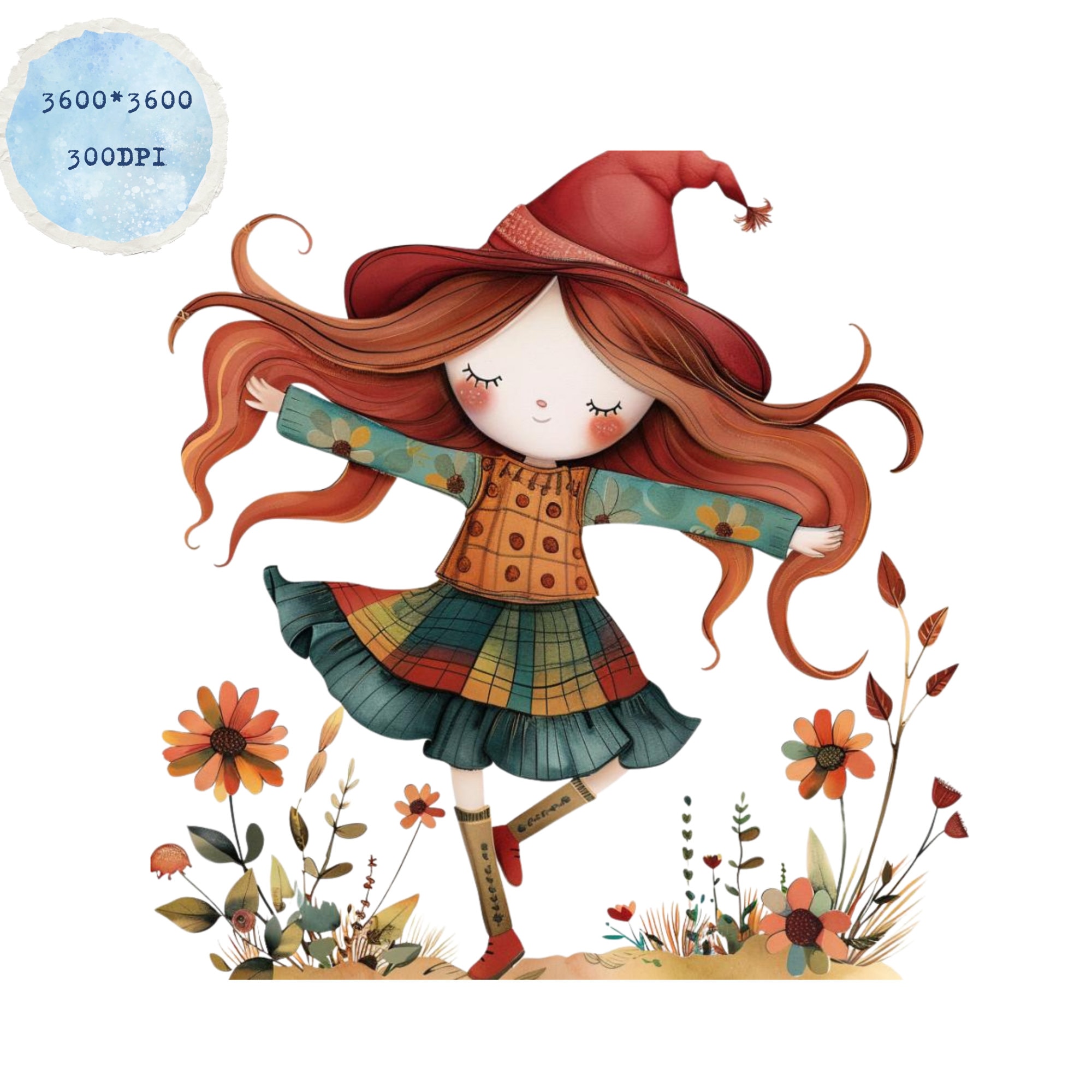 Boho Whimsy Girl Clipart, Cute Whimsical Girl With Floral Clipart, Junk ...