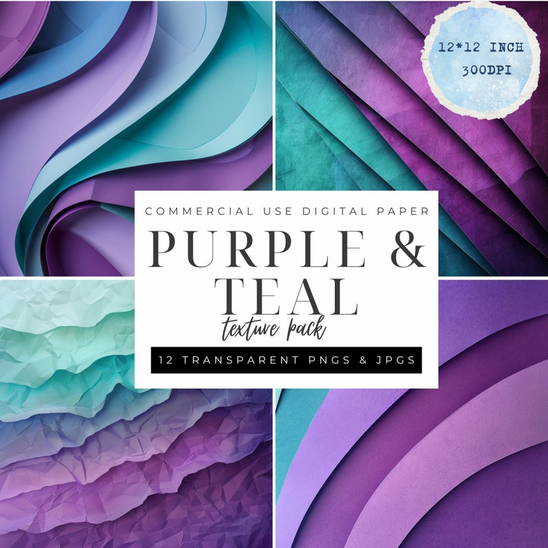 Teal and Purple Digital Paper, Junk Journal Paper, 12*12 Inch, Make-up ...