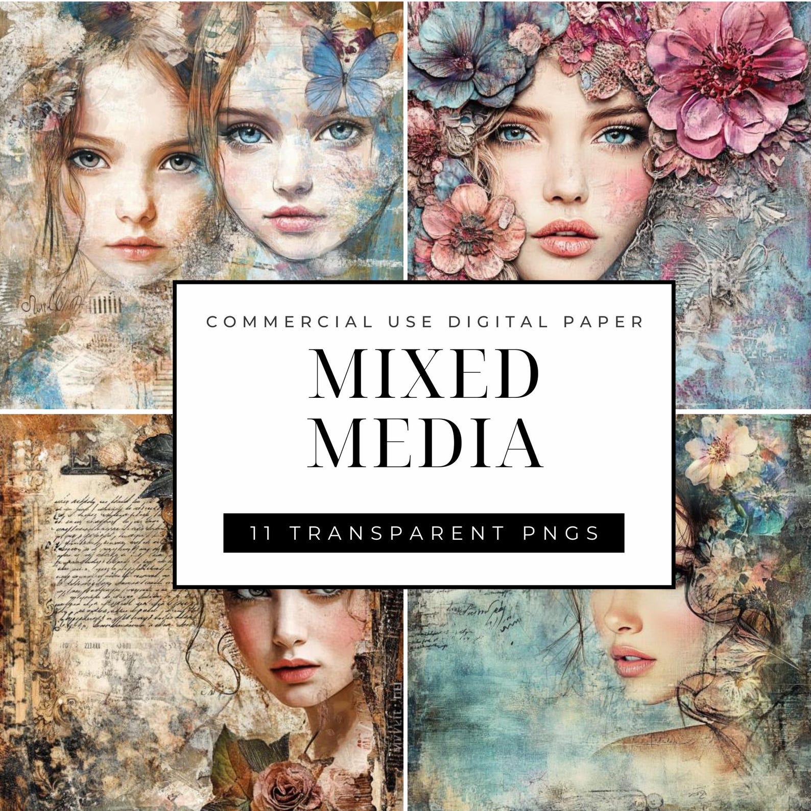 Mixed Media Girls Digital Papers,mixed Media Whimsical, Beautiful Art ...