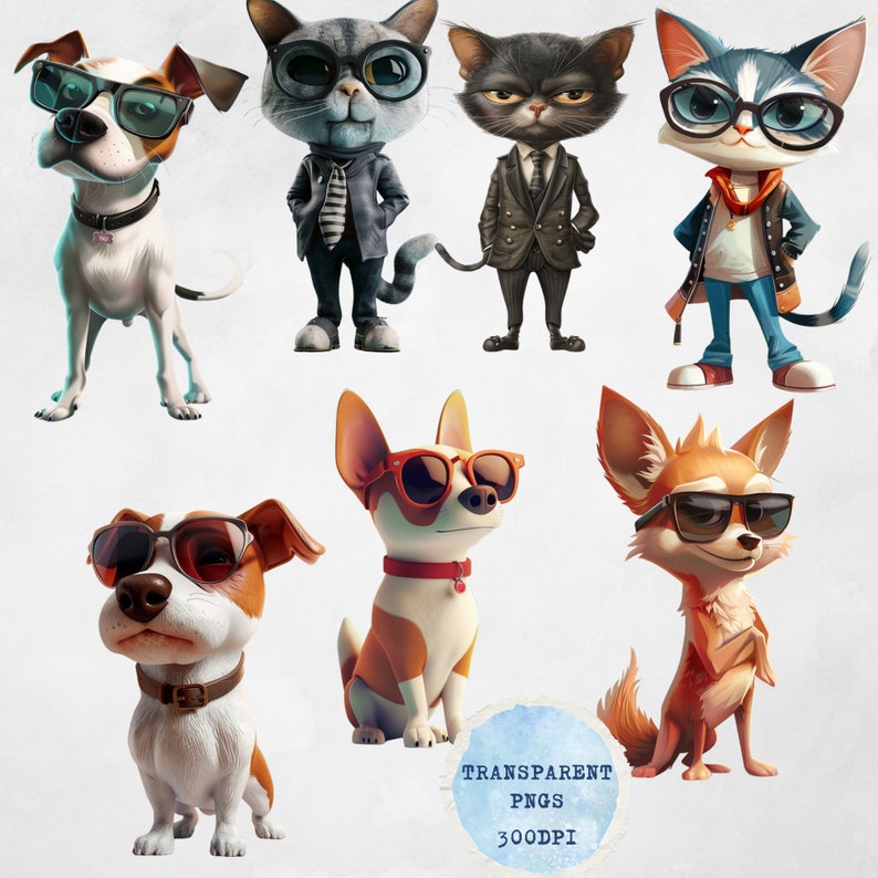 13 Smart Look Pets Clipart, Cats & Dogs Clipart Set, Cats in Glasses ...