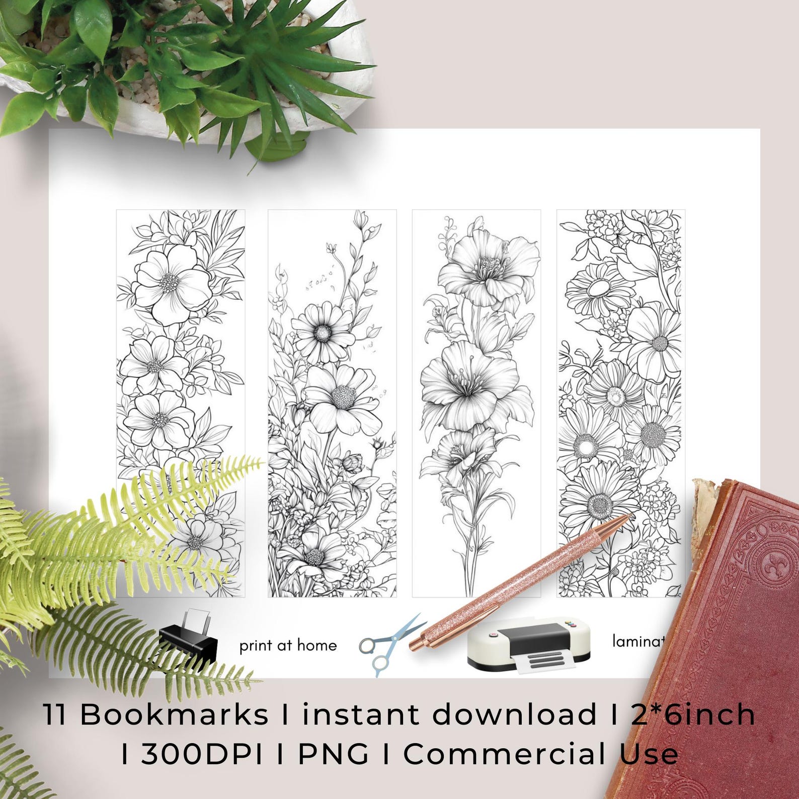 Floral Coloring Bookmarks,colorful Bookmarks, Coloring Bookmark, Kids ...