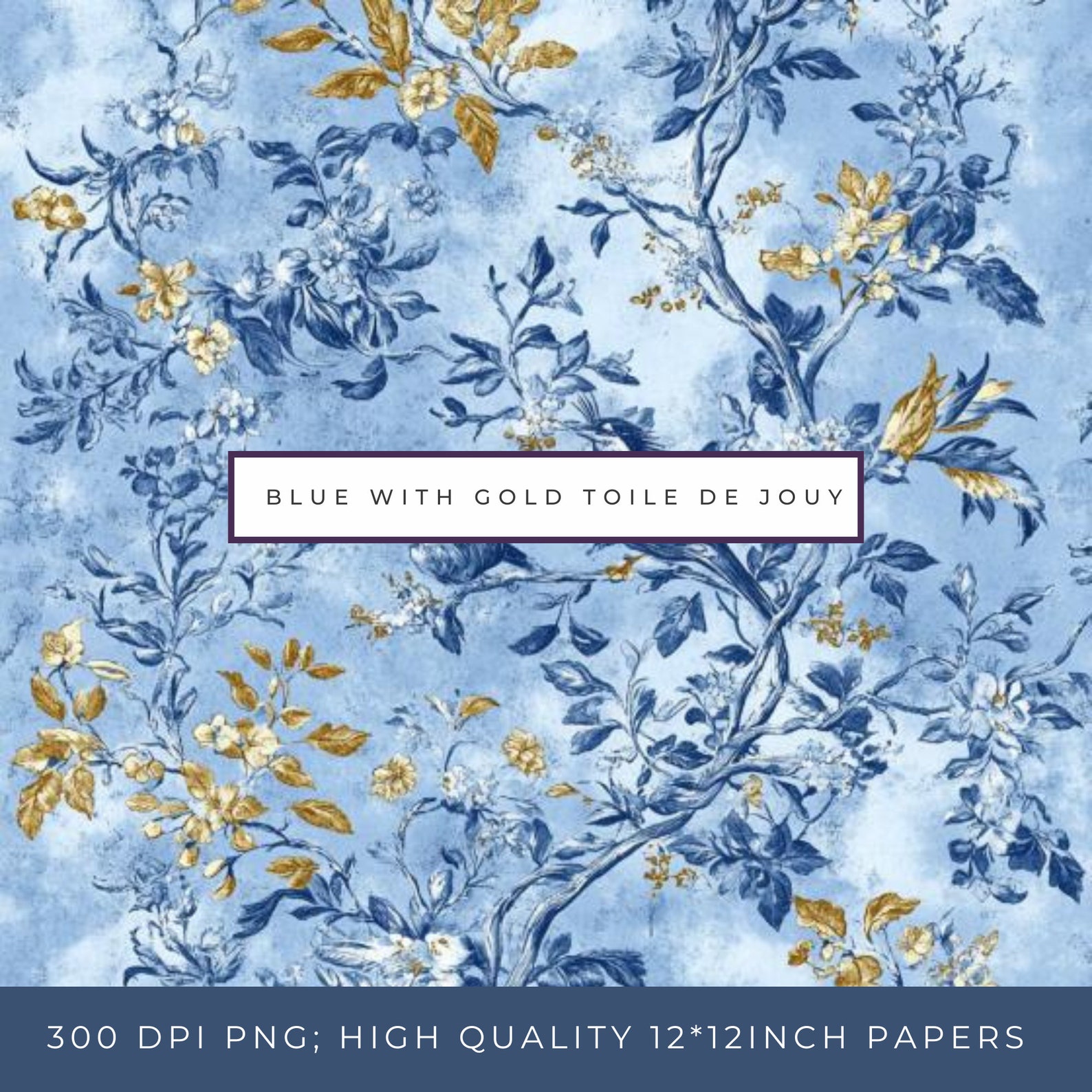 Blue Toile De Jouy Style Digital Papers, Blue and Gold Toile De Jouy ...