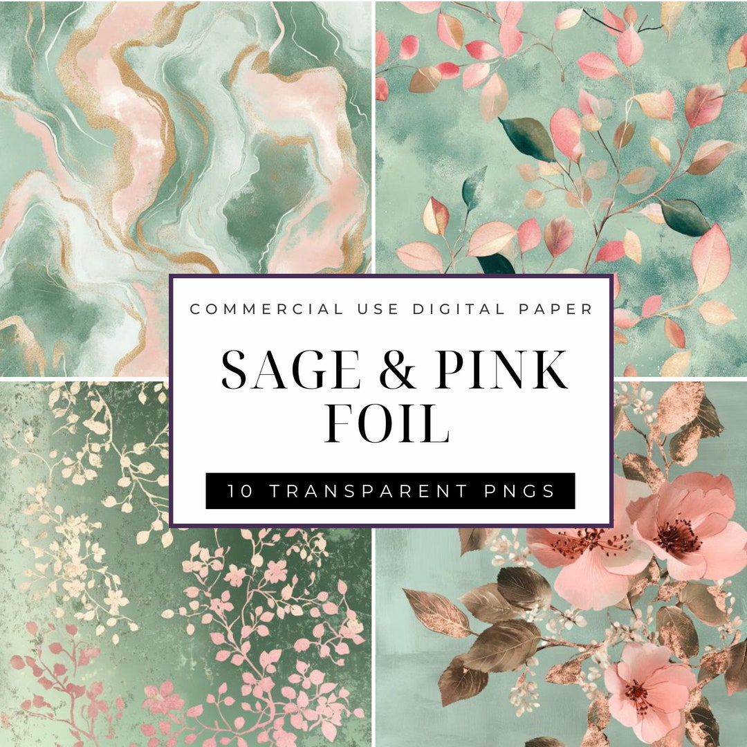 Sage and Pink Foil Digital Papers, Pastel Color Printables, Light ...