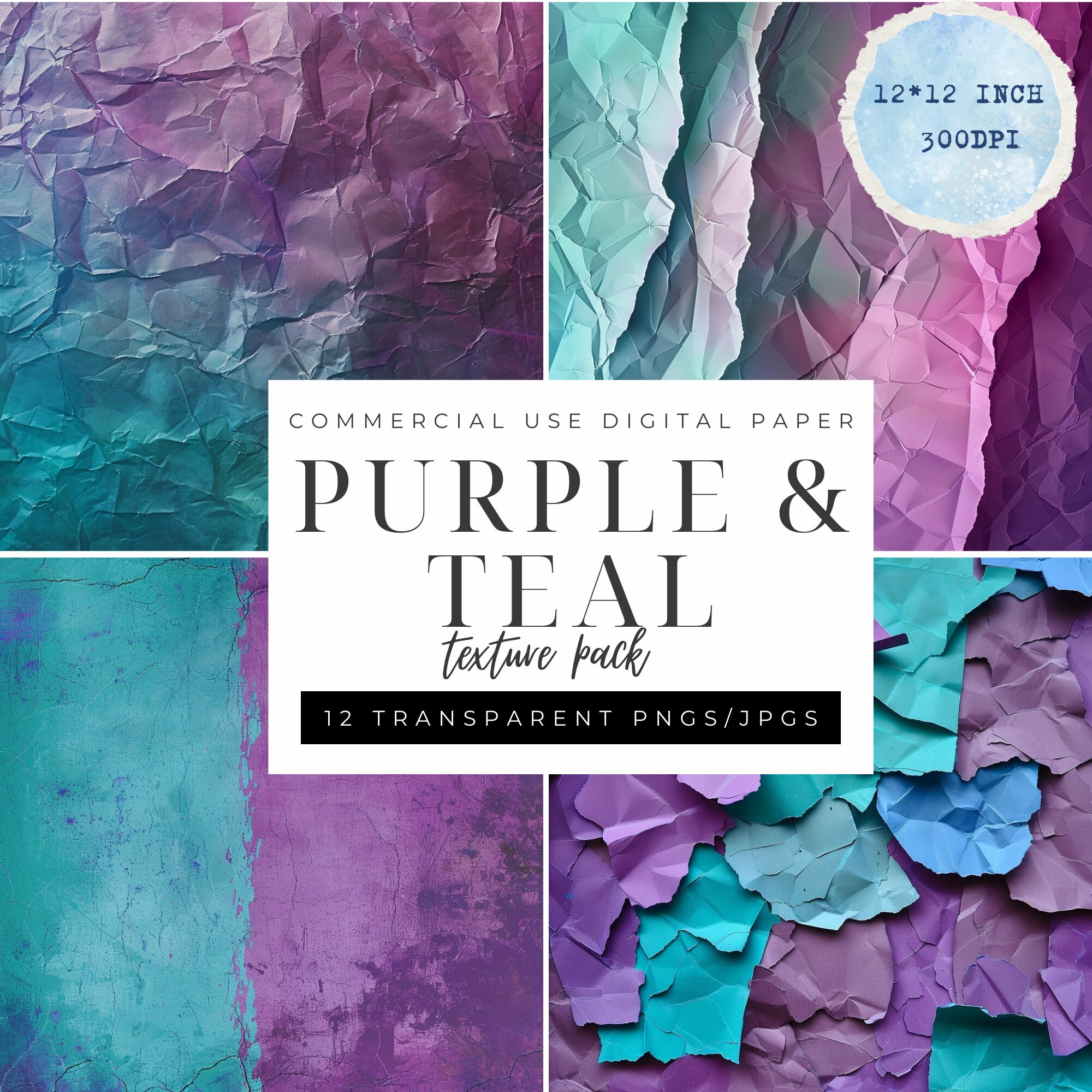Teal and Purple Digital Paper, Junk Journal Paper, 12*12 Inch, Make-up ...