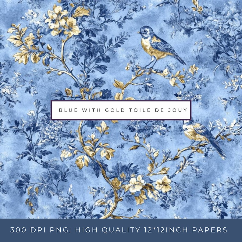 Blue Toile De Jouy Style Digital Papers, Blue and Gold Toile De Jouy ...