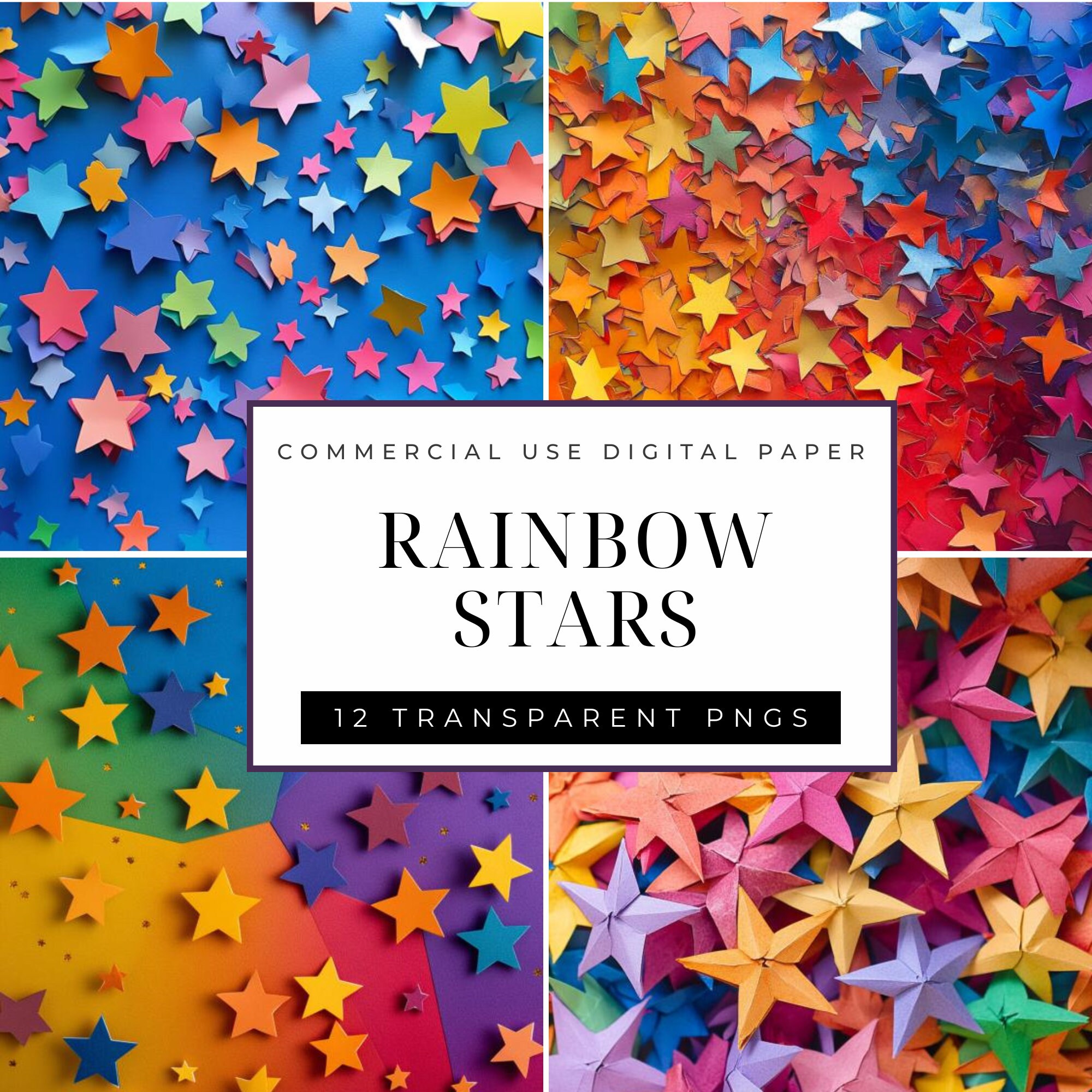 Rainbow Stars Digital Paper, 3D Rainbow Digital Paper, Bright Digital ...