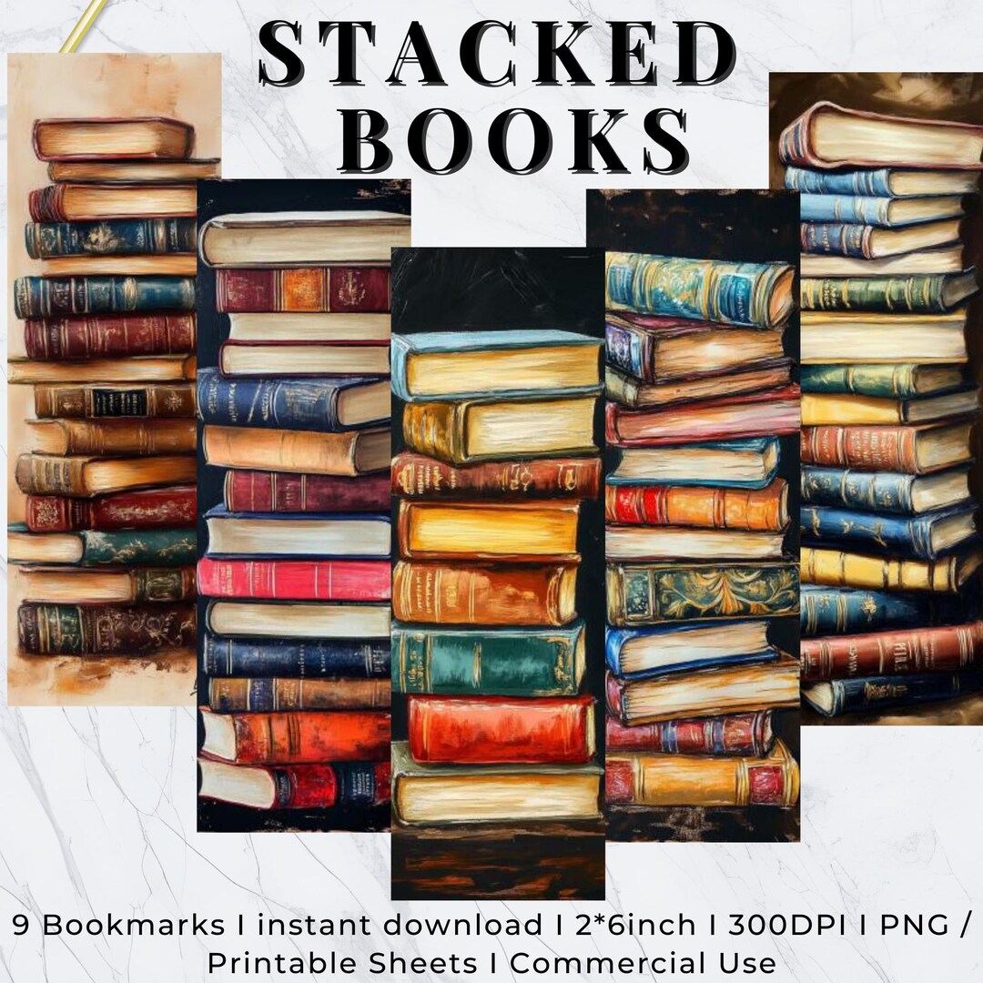Stacked Books Bookmarks, Library Bookmarks, Printable Bookmarks, Read ...