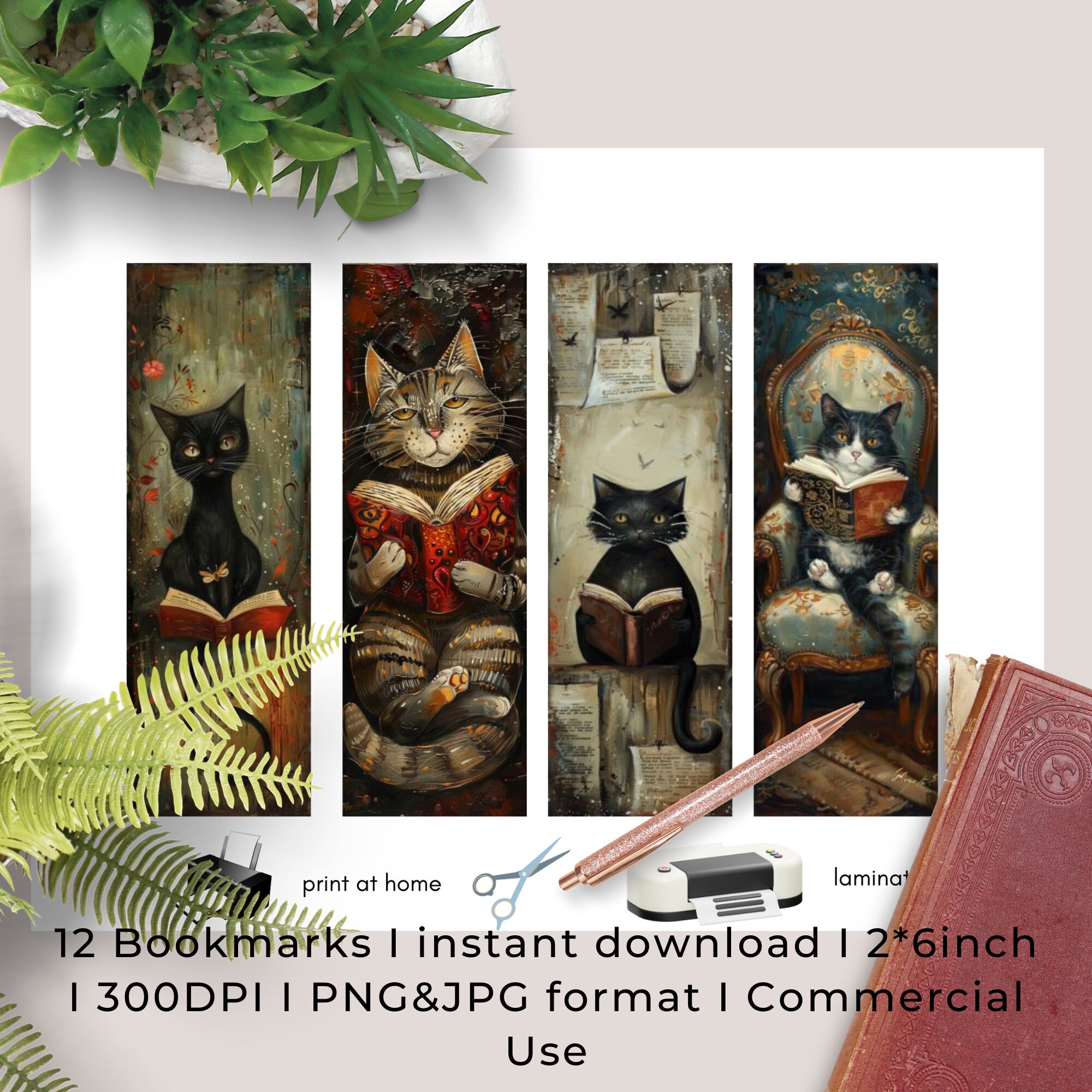 Whimsical Cats Bookmarks, Quirky Cats Bookmarks, Cute Cat Library ...