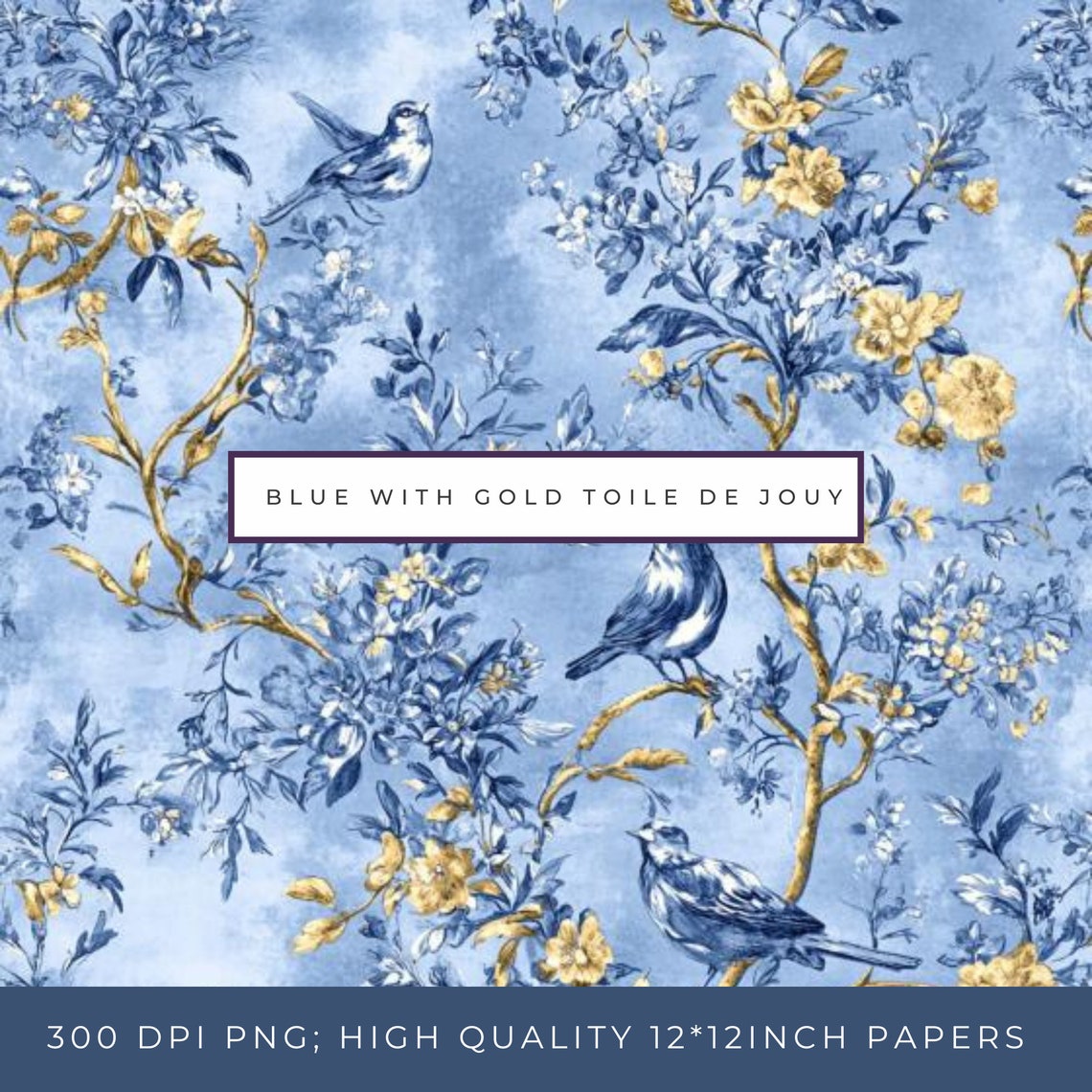 Blue Toile De Jouy Style Digital Papers, Blue and Gold Toile De Jouy ...