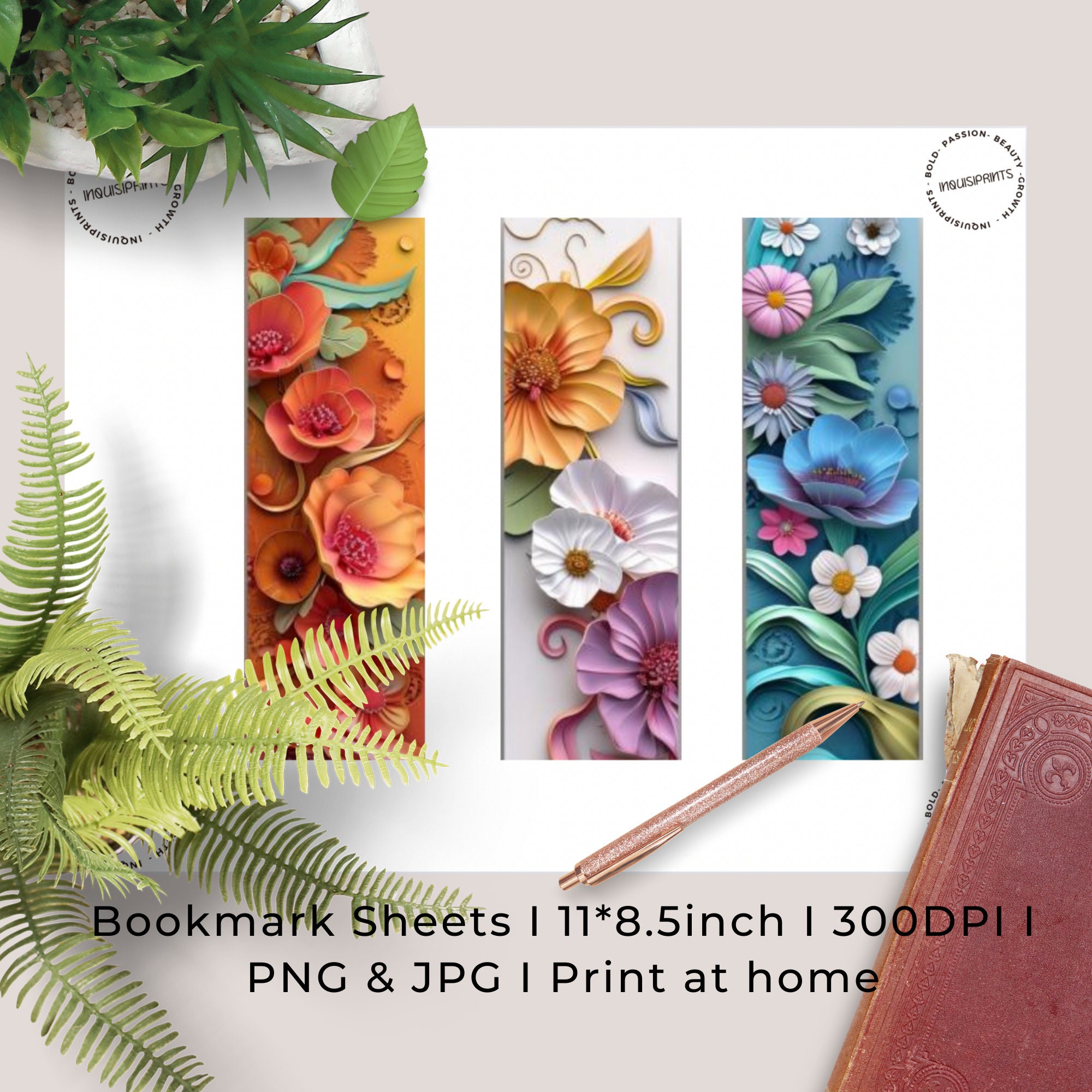 3D Floral Bookmarks, Printable Bookmark Sheets, Bookmark Sublimation ...