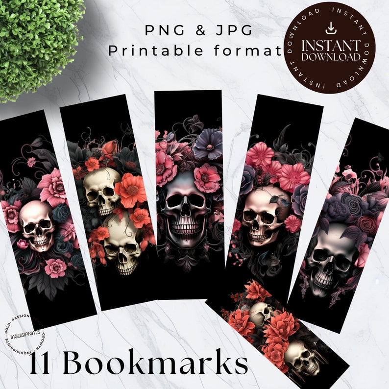FLORAL Skullhead Bookmarks, Printable Bookmark Sheets, Bookmark ...