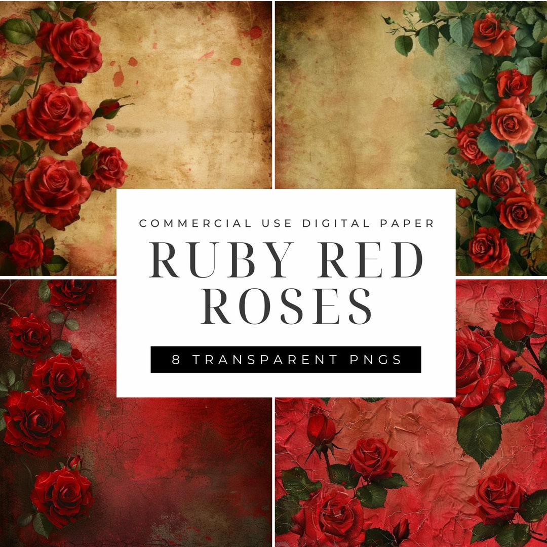 Ruby Red Roses Digital Paper, Red Junk Journal Paper, Red Roses ...
