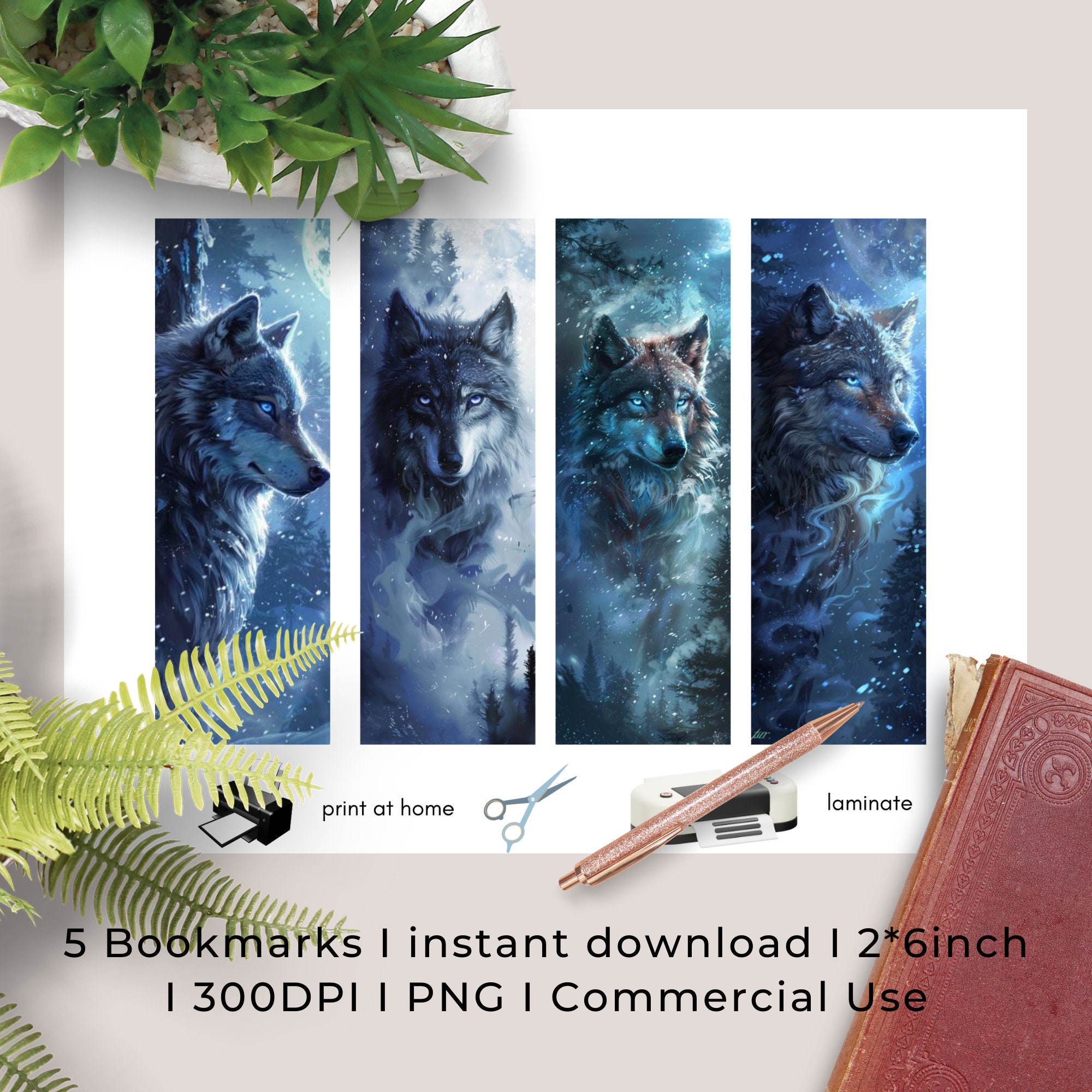 Wolf Bookmarks, Sharp-featured Wolf, Animal Bookmarks, Book Lover Gift, Moonlit Forest Bookmark ...