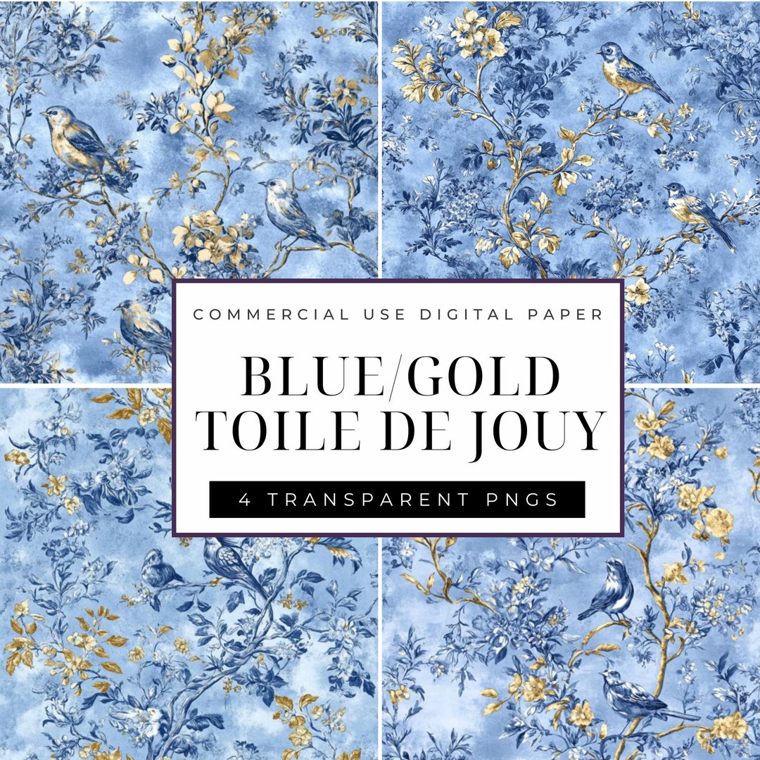Blue Toile De Jouy Style Digital Papers, Blue and Gold Toile De Jouy ...