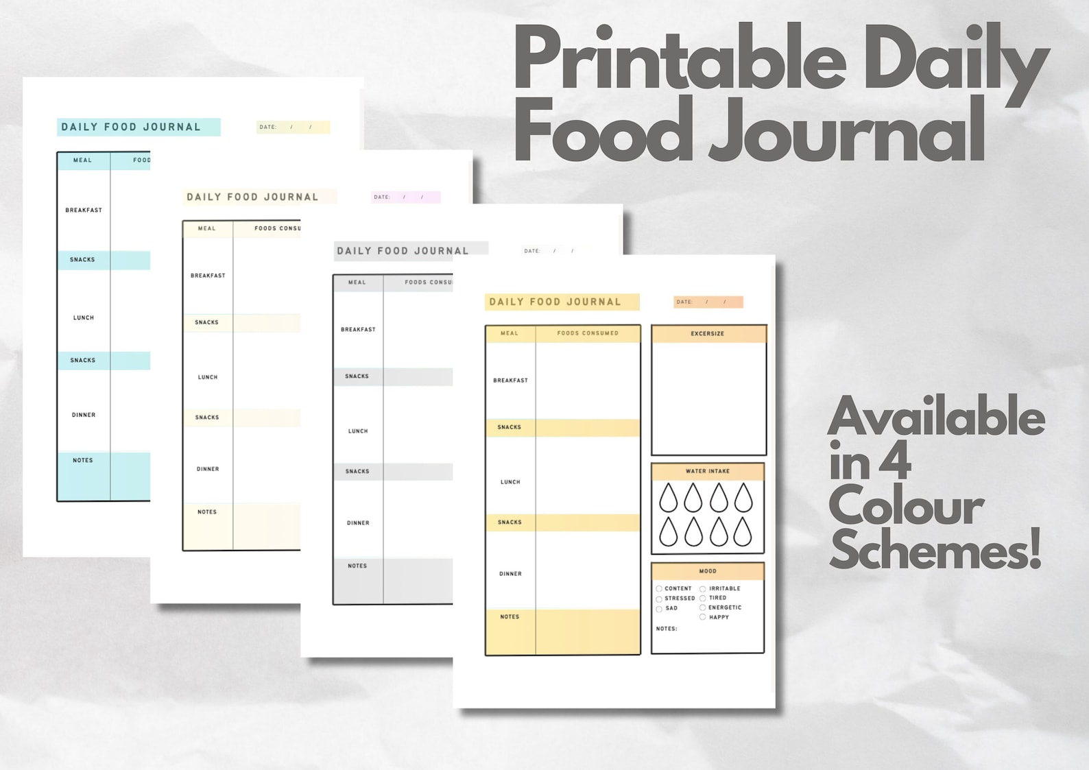 Printable Daily Food Log- Track Your Meals, Water, Exercise, and Mood ...