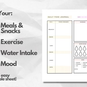 Printable Daily Food Log- Track Your Meals, Water, Exercise, and Mood ...