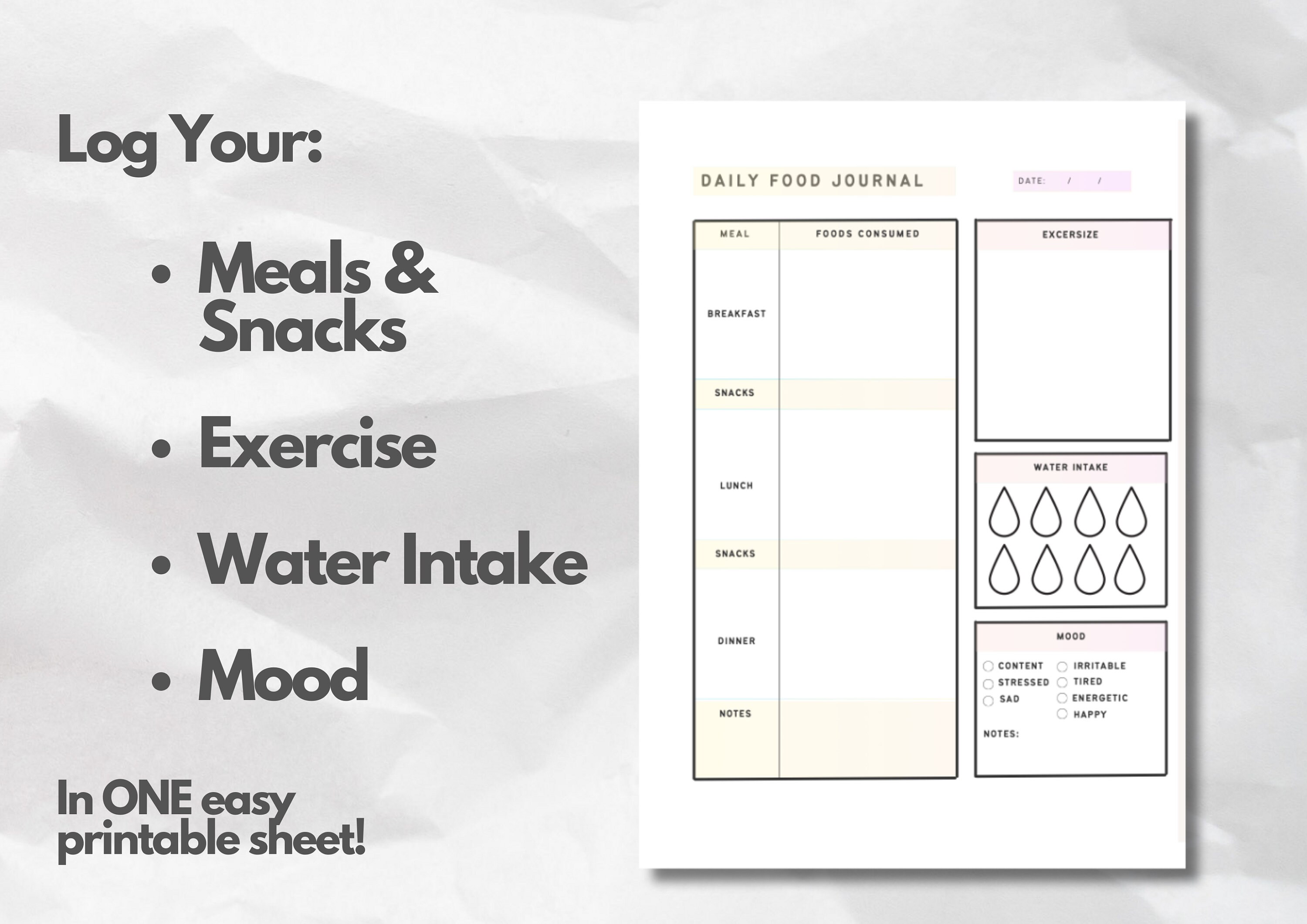 Printable Daily Food Log- Track Your Meals, Water, Exercise, and Mood ...