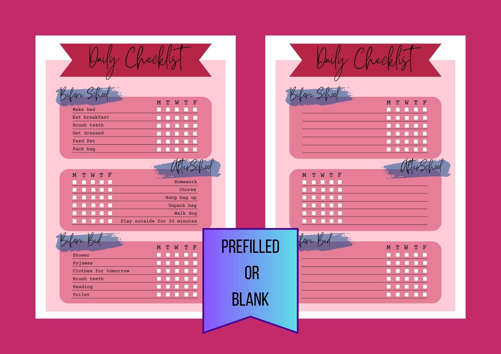 Pink Daily Checklist for Kids and Teens, Bright Editable Chore Chart ...