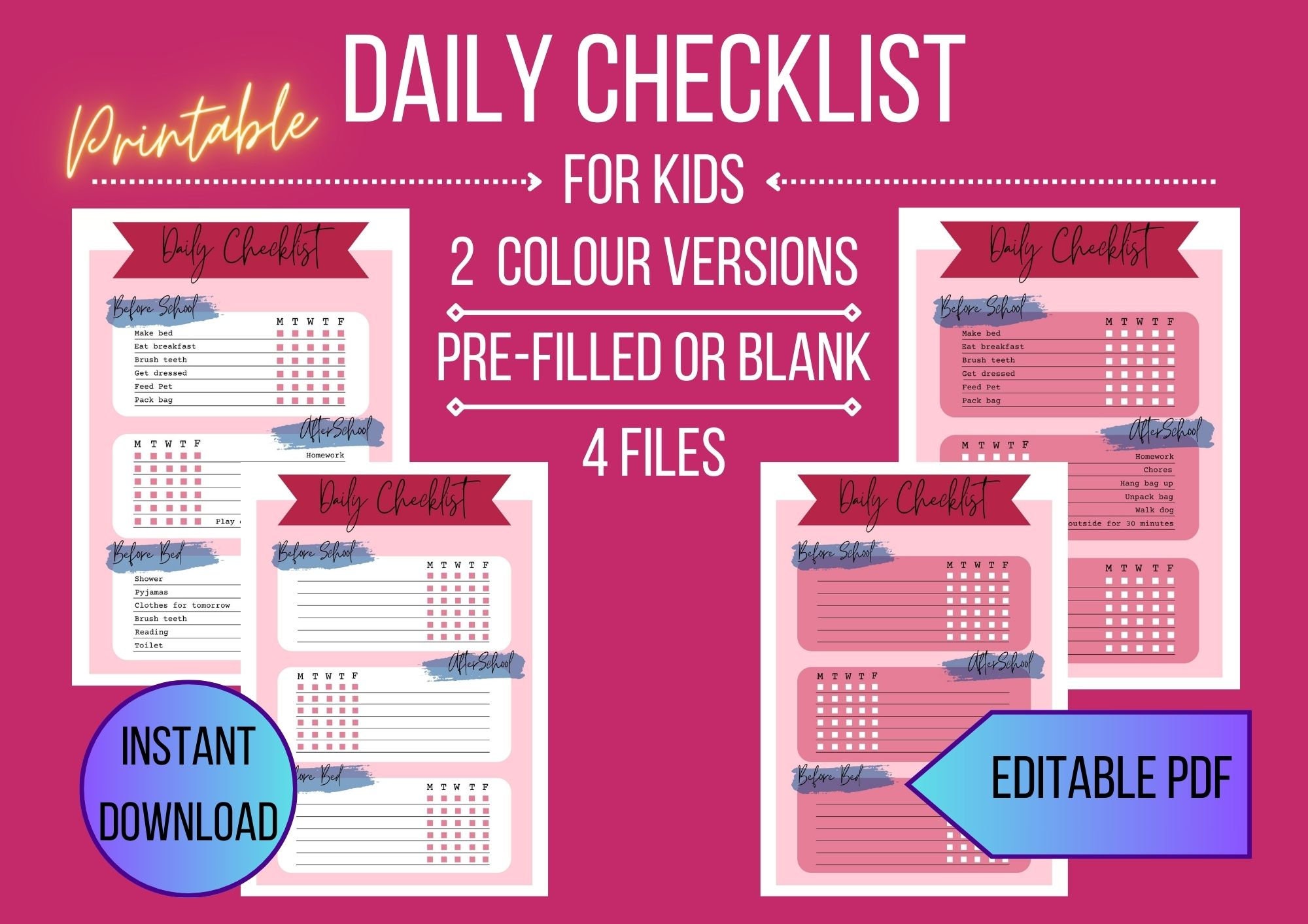 Pink Daily Checklist for Kids and Teens, Bright Editable Chore Chart ...