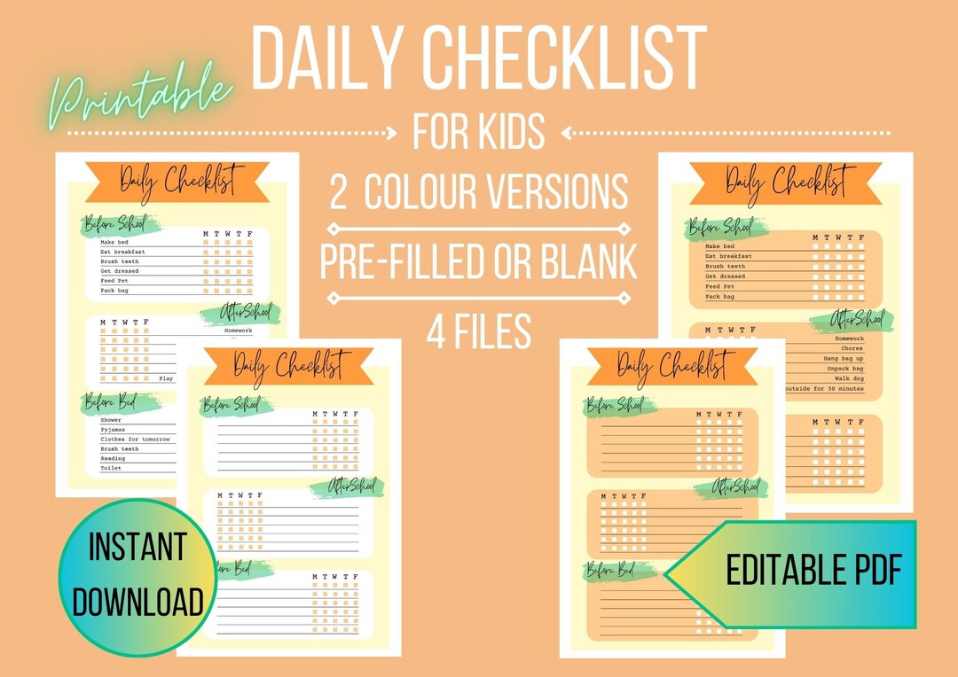 Orange Daily Checklist for Kids and Teens, Bright Editable Chore Chart ...
