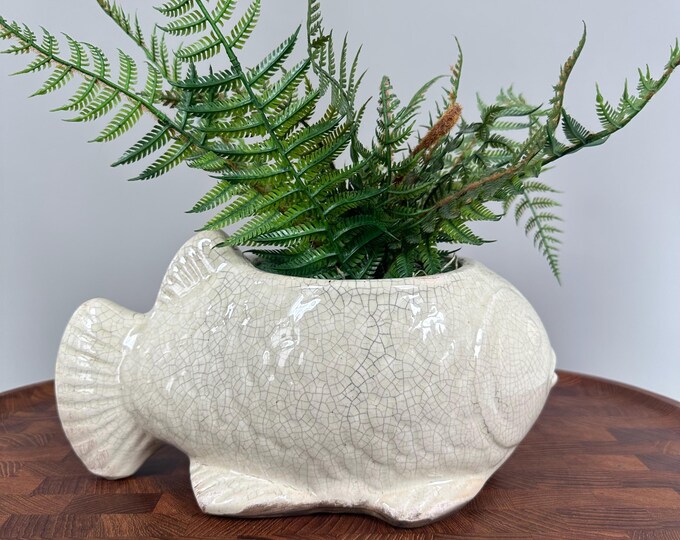 Vintage White Ceramic Pouty Koi Fish Goldfish Pot Planter Crazed Beach ...
