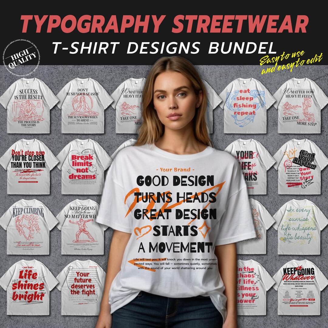 Typography T-shirt Designs Bundle: Editable Streetwear Templates (AI ...