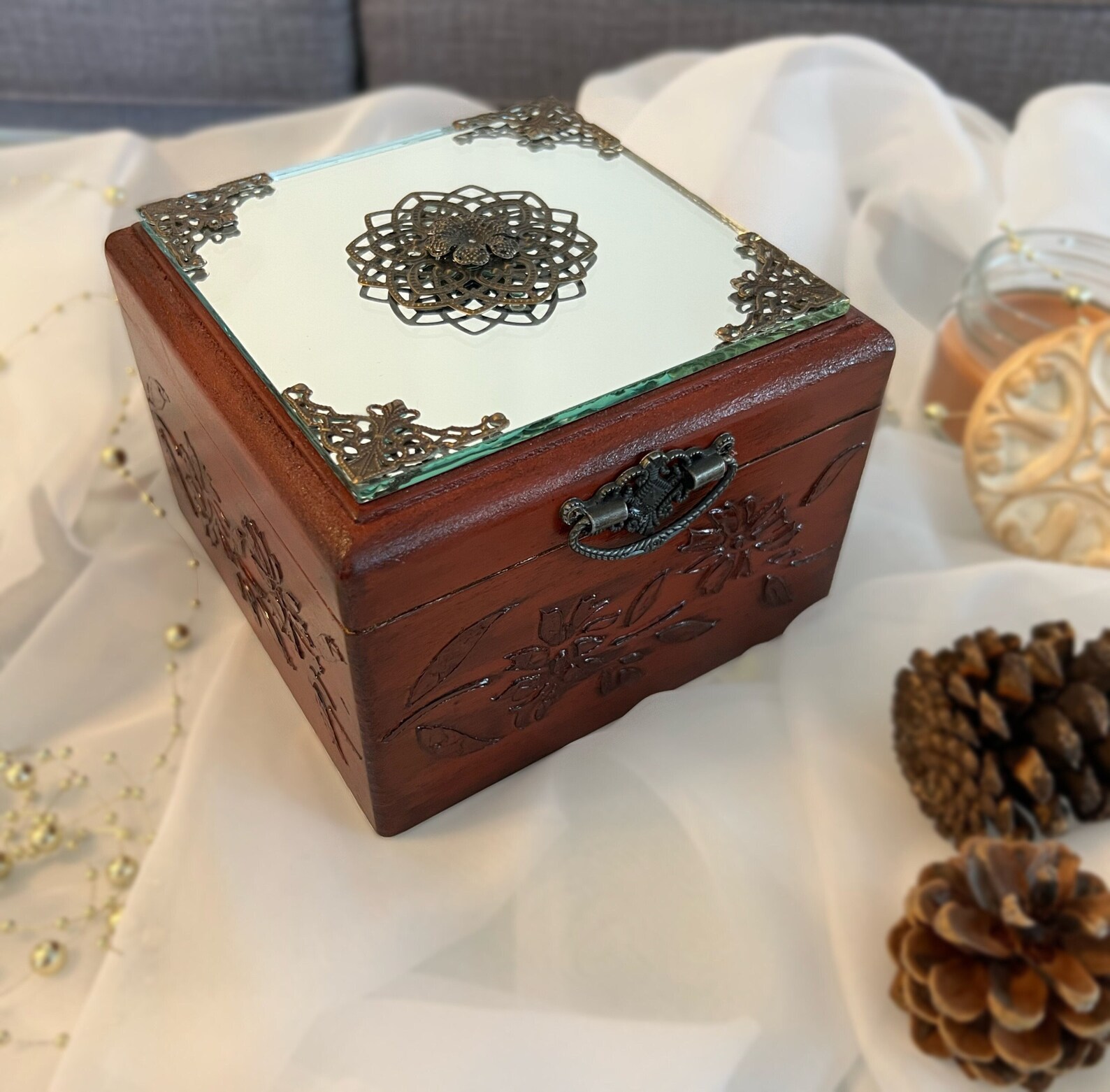 Wooden Box | Box With Mirror on Top | Brown Box | Square Box | Box With ...