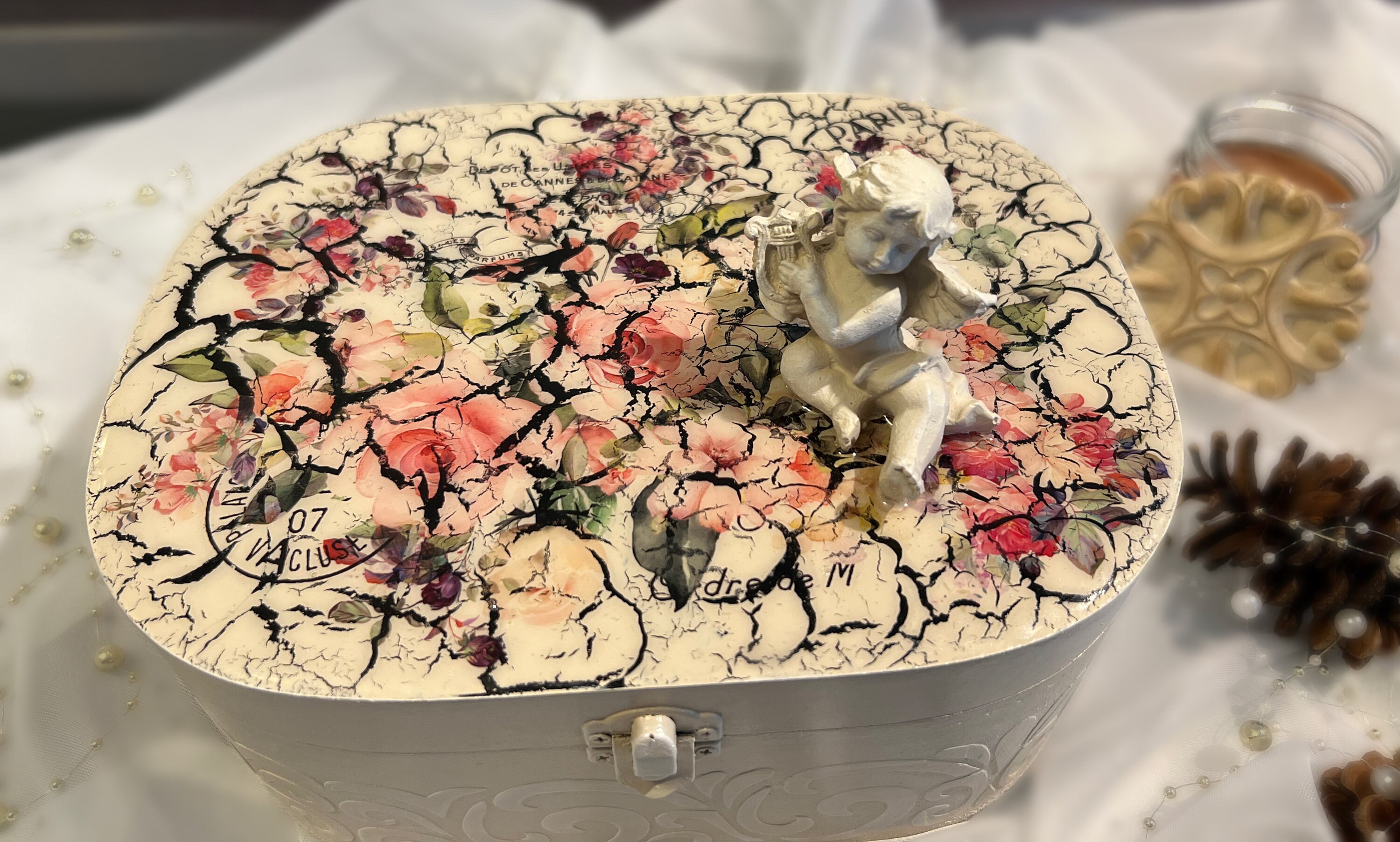 Wooden Box With Resin and Statue Decoupage Cream Rectangle and Round ...