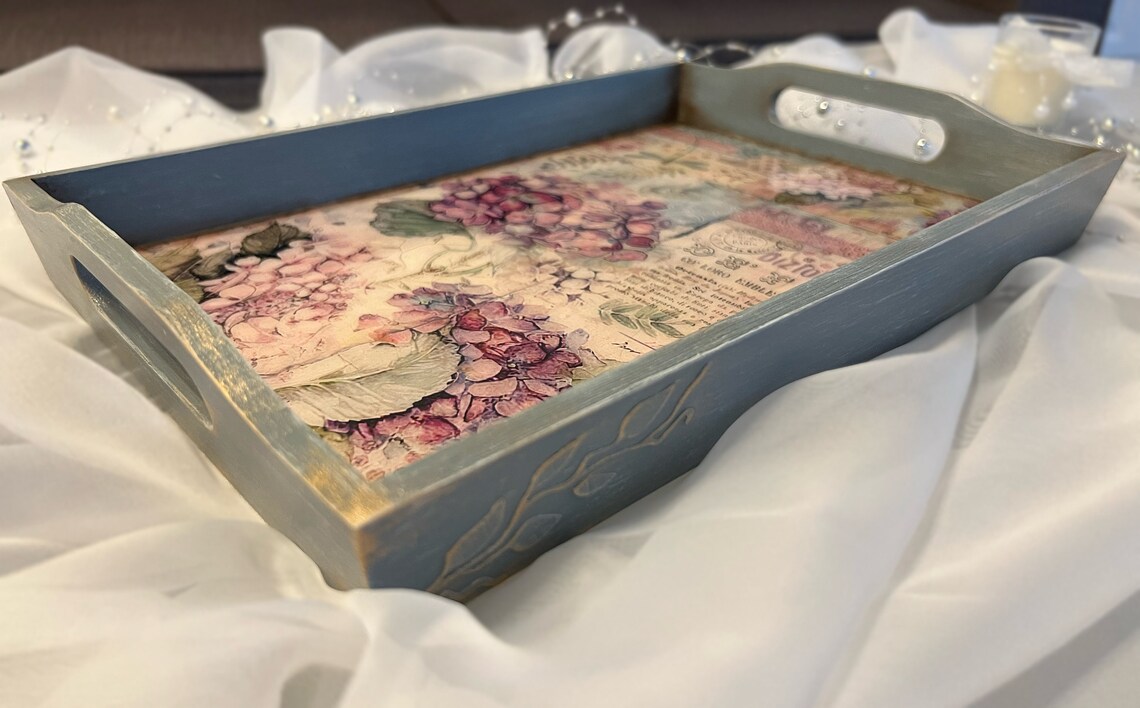 Wooden Serving Tray With Resin Purple Tray Floral Design Decoupage With ...