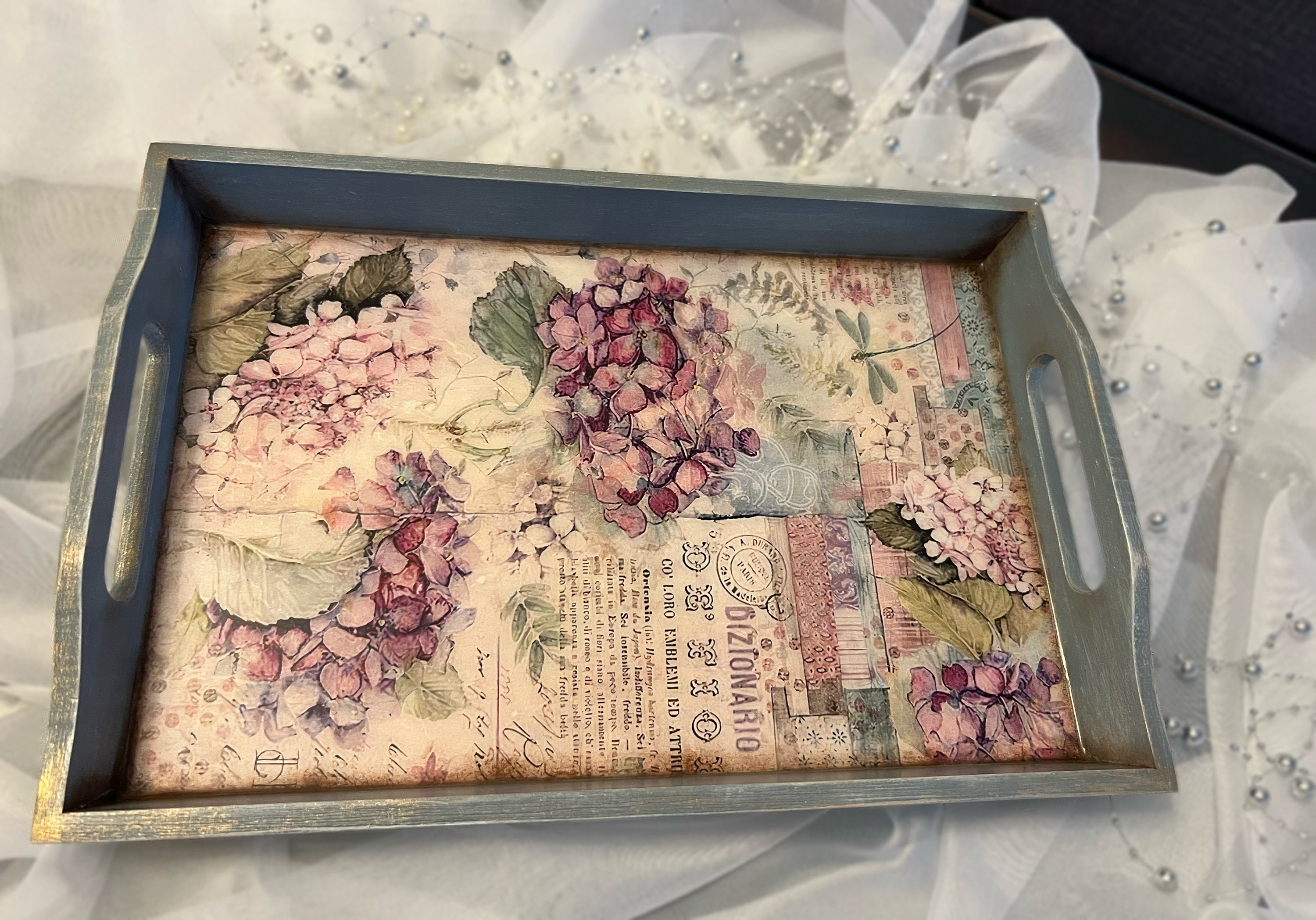 Wooden Serving Tray With Resin Purple Tray Floral Design Decoupage With ...