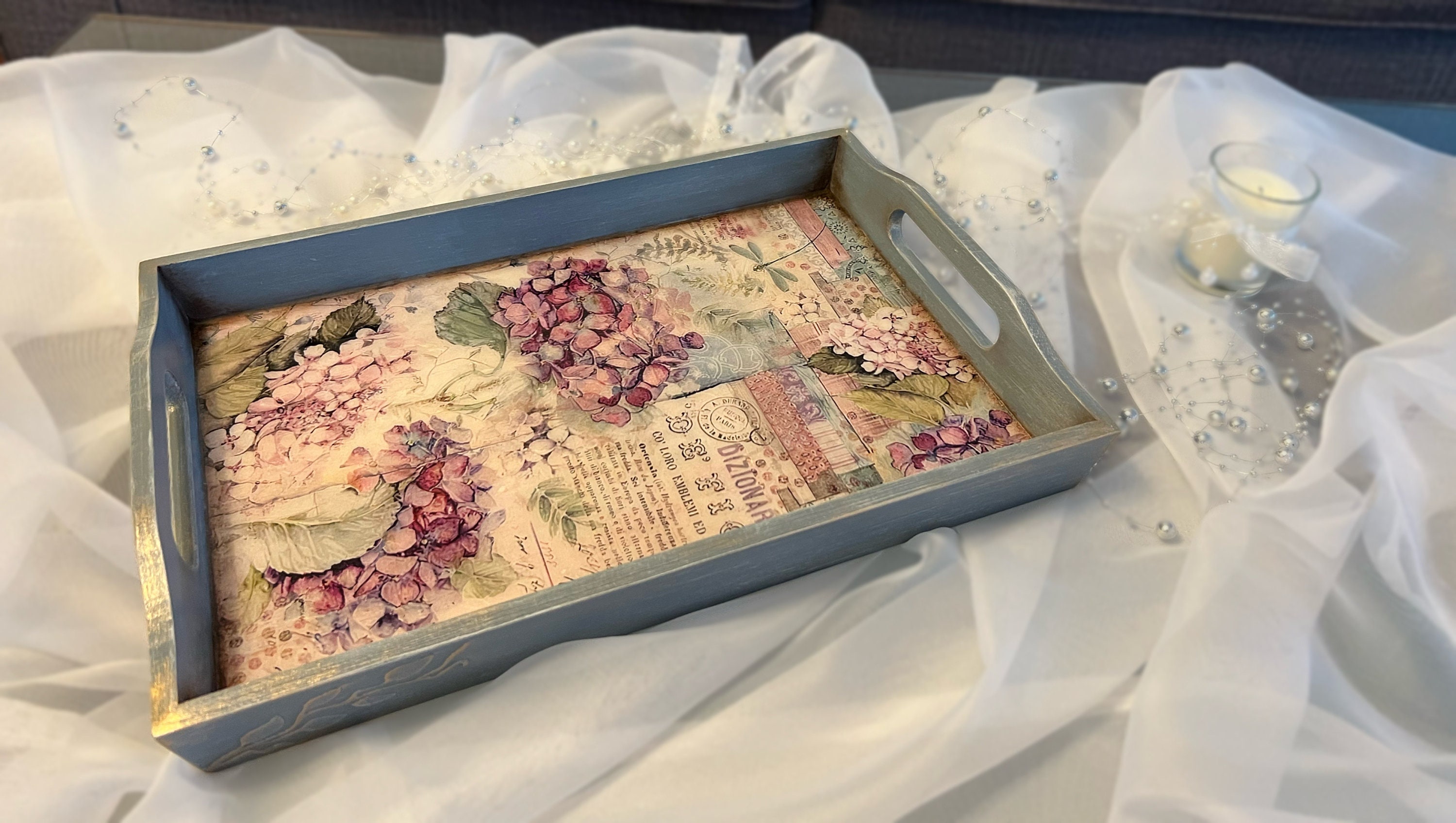 Wooden Serving Tray With Resin Purple Tray Floral Design Decoupage With ...