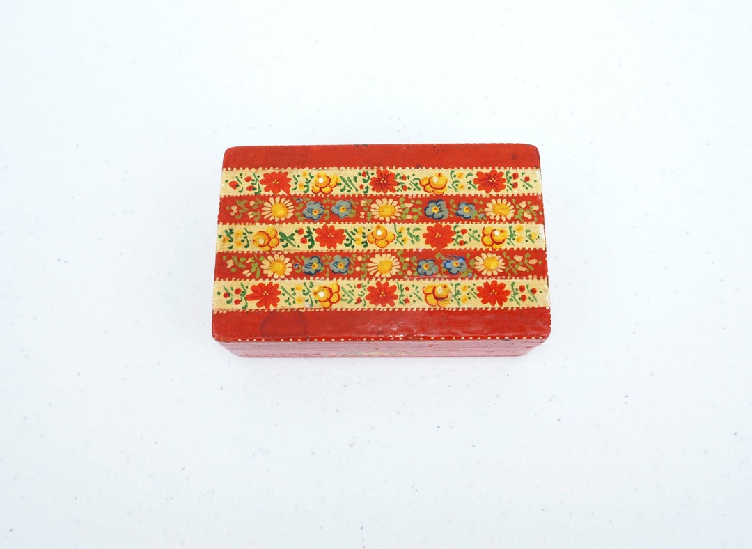 Vintage Hand Painted Flower Design Folk Art Trinket Box - Jewel ...