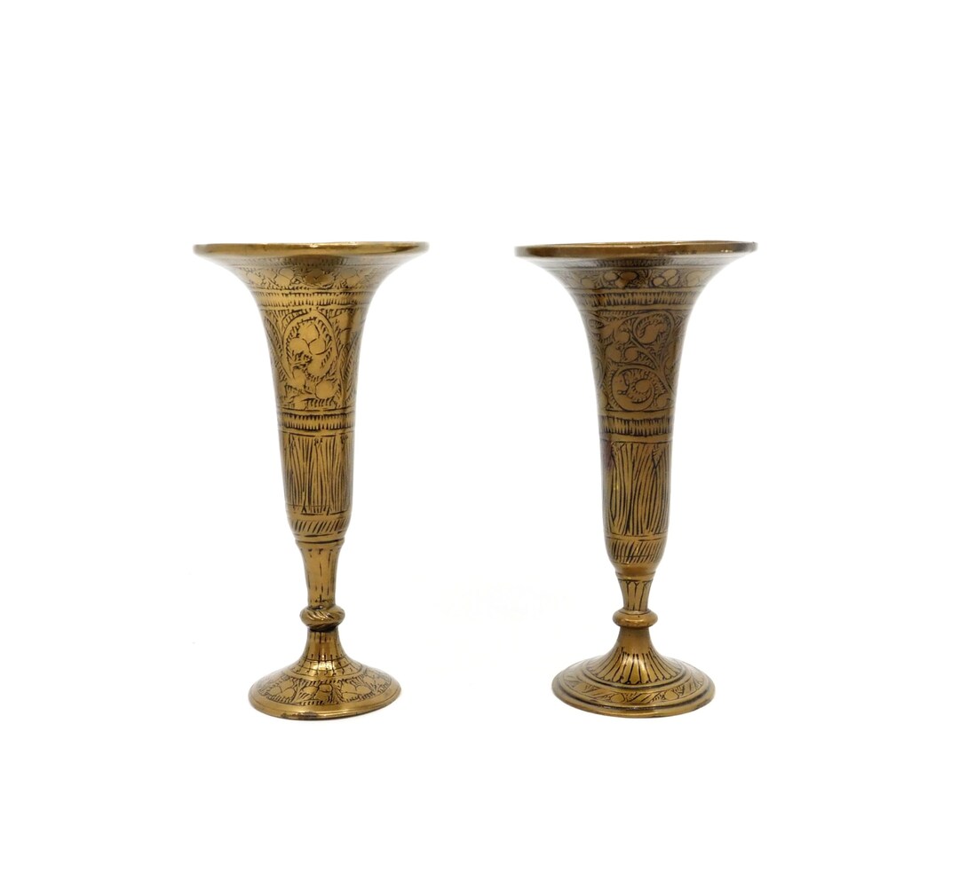 Pair of Vintage Brass Vases , Antique Engraved Brass Vase, Posy Vase ...