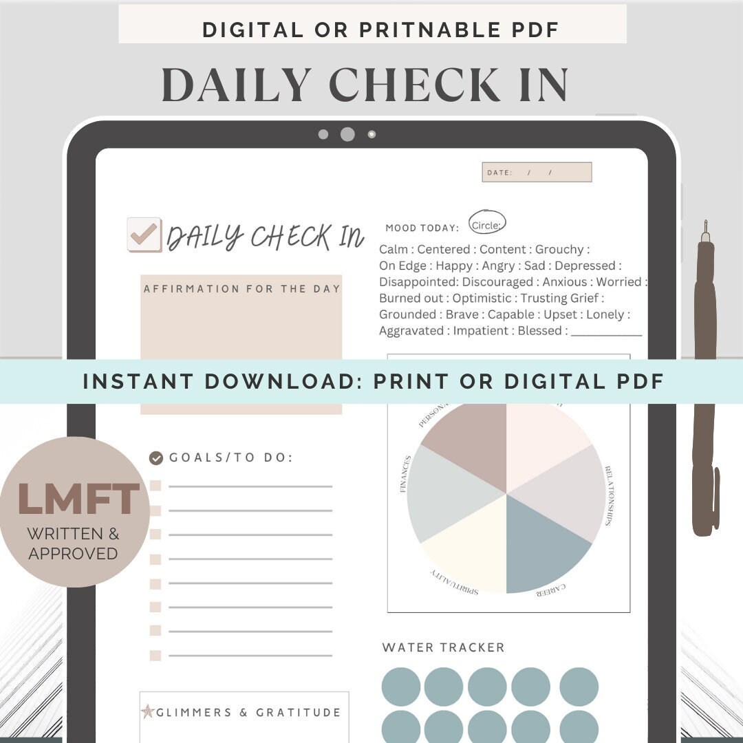 Digital Daily Check in Journal Page Printable, Goal List, Daily Check ...