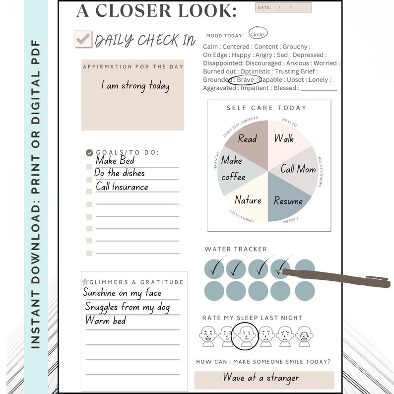 Digital Daily Check in Journal Page Printable, Goal List, Daily Check ...