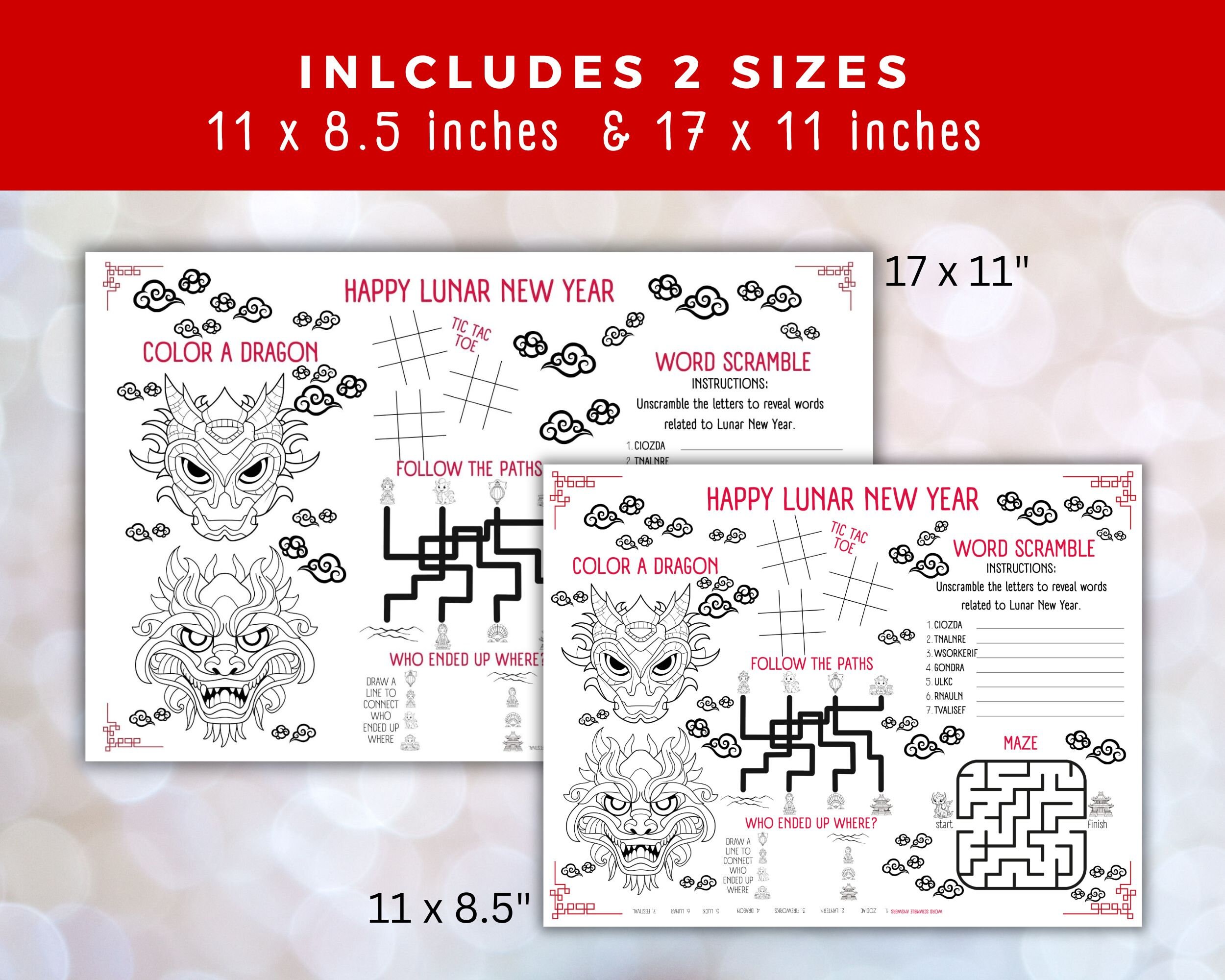 Lunar New Year Activity Coloring Placemat Printable, Year of the Dragon ...