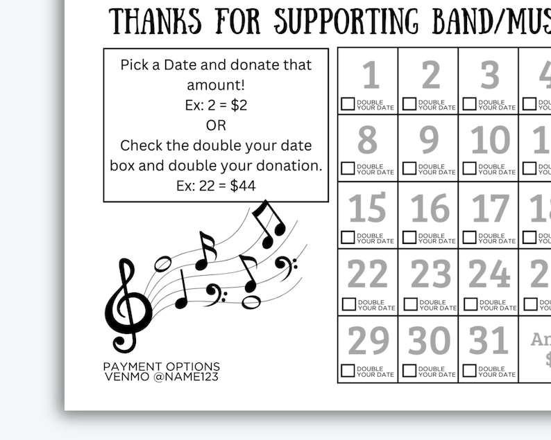 Editable Calendar Fundraiser, Unique Band Pick A Date to Donate ...