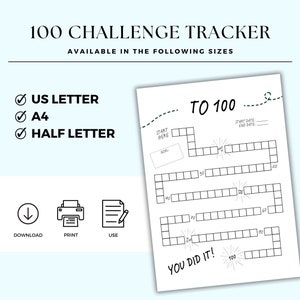 100 Challenge Tracker Printable, 100 Miles, 100 Sales, 100 Books, 100 ...