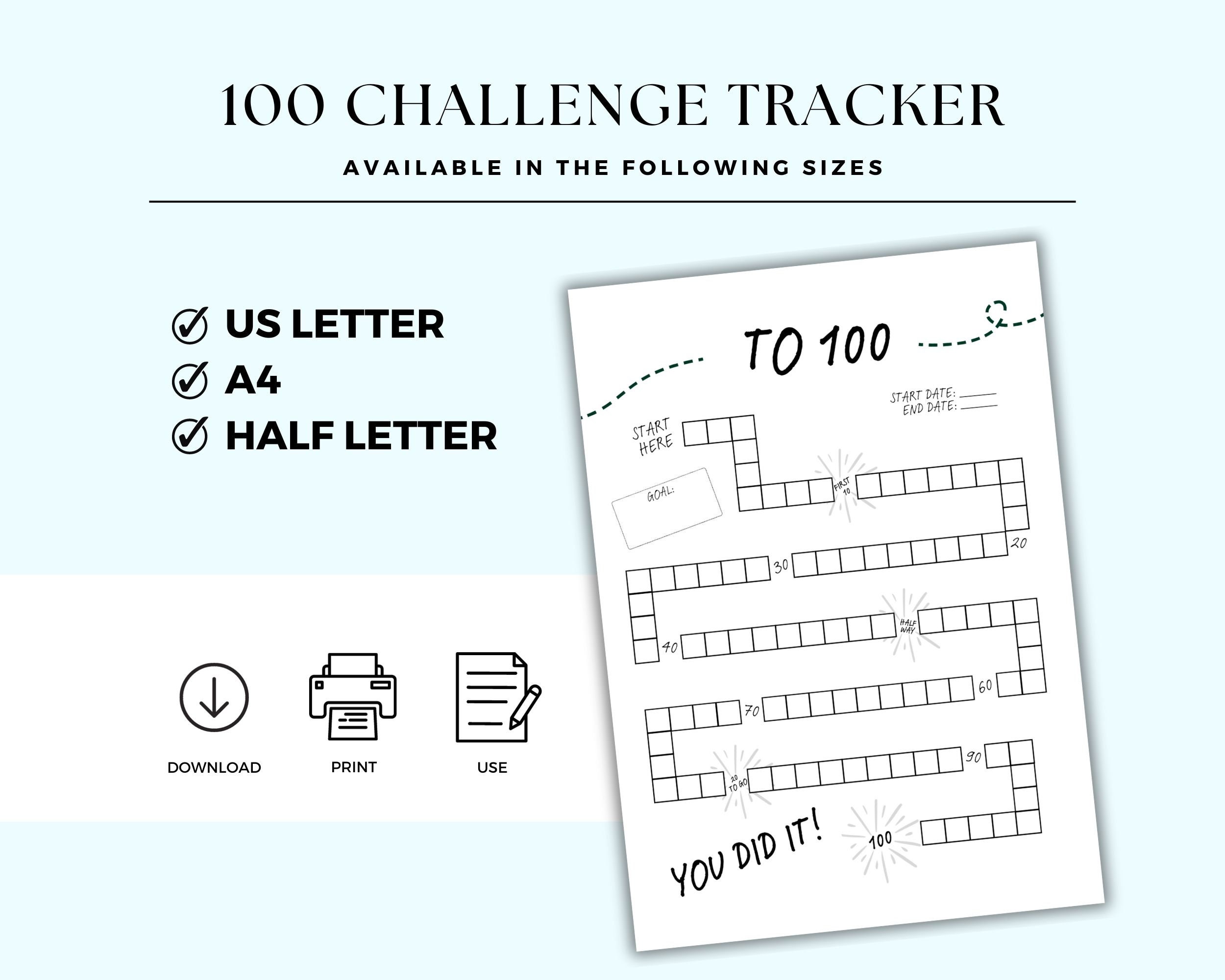 100 Challenge Tracker Printable, 100 Miles, 100 Sales, 100 Books, 100 ...