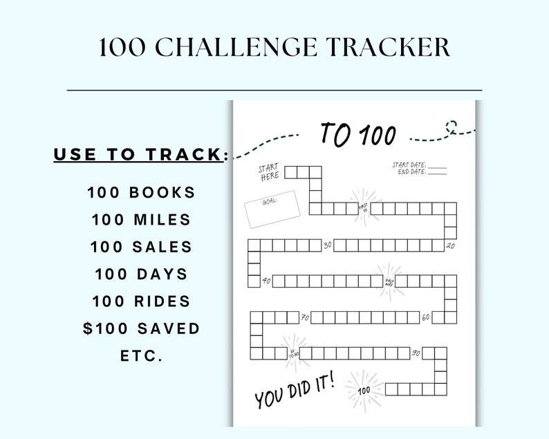 100 Challenge Tracker Printable, 100 Miles, 100 Sales, 100 Books, 100 ...