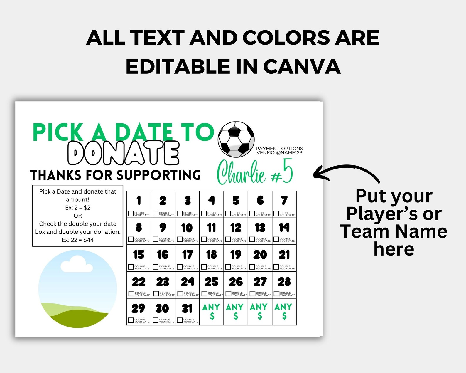 Editable Soccer Calendar Fundraiser, Unique Soccer Pick A Date to ...