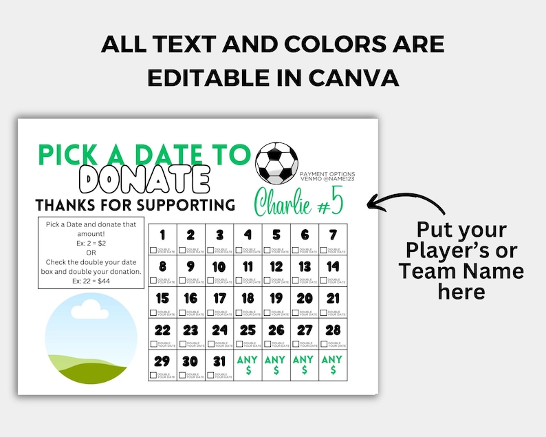 Editable Soccer Calendar Fundraiser, Unique Soccer Pick A Date to ...