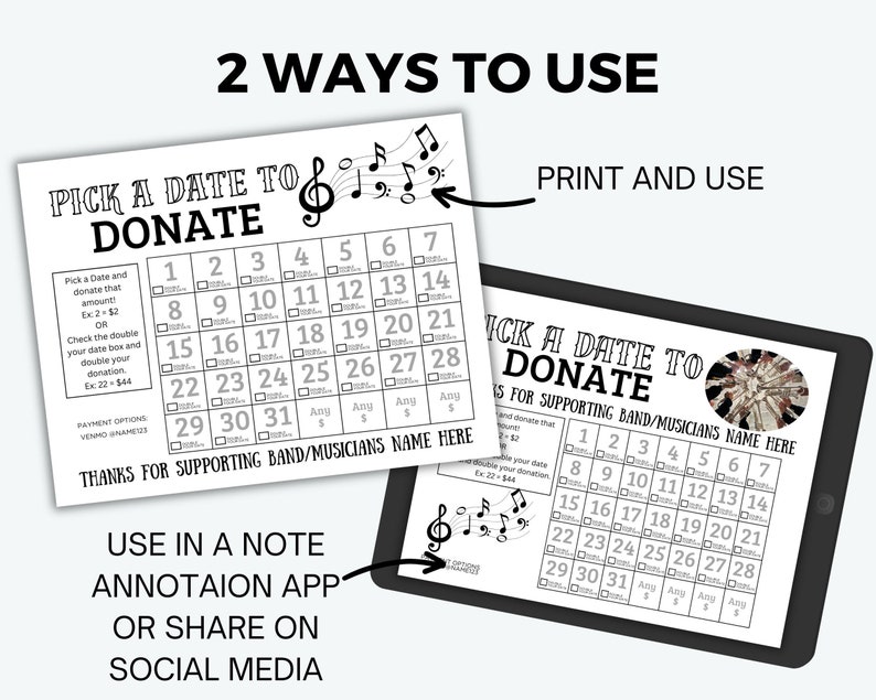 Editable Calendar Fundraiser, Unique Band Pick A Date to Donate ...